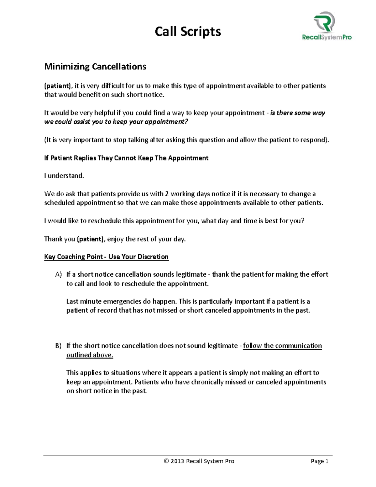 Recall System Pro Call Scripts - Minimizing Cancellations (patient), it ...
