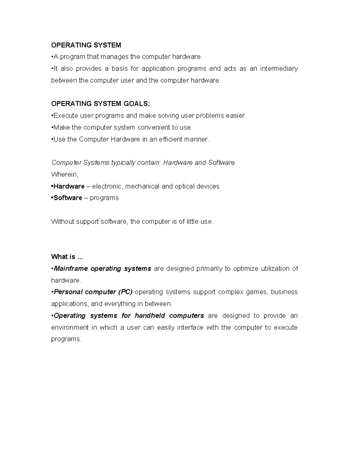 OS- Prelim - Lecture notes 1 - OPERATING SYSTEM •A program that manages ...