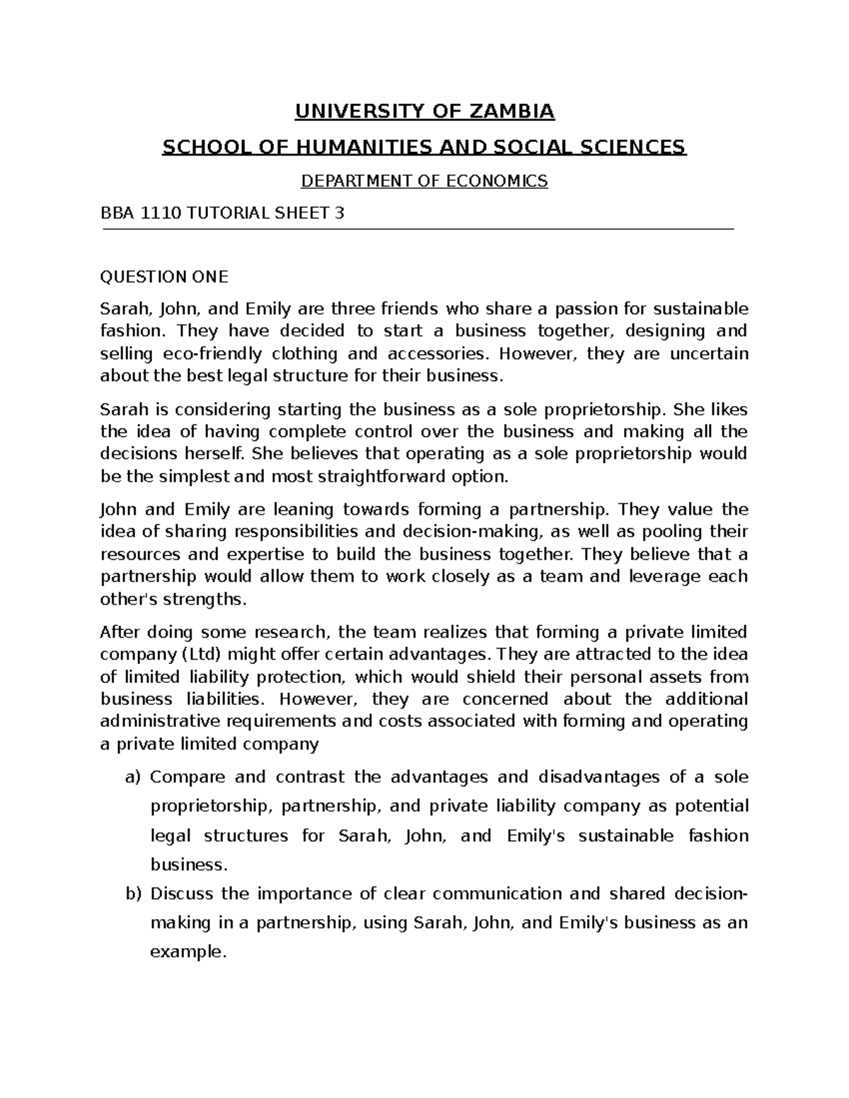 BBA 1110 TG Sheet 3 - Bachelor of Business Administration - UNIVERSITY OF ZAMBIA SCHOOL OF - Studocu