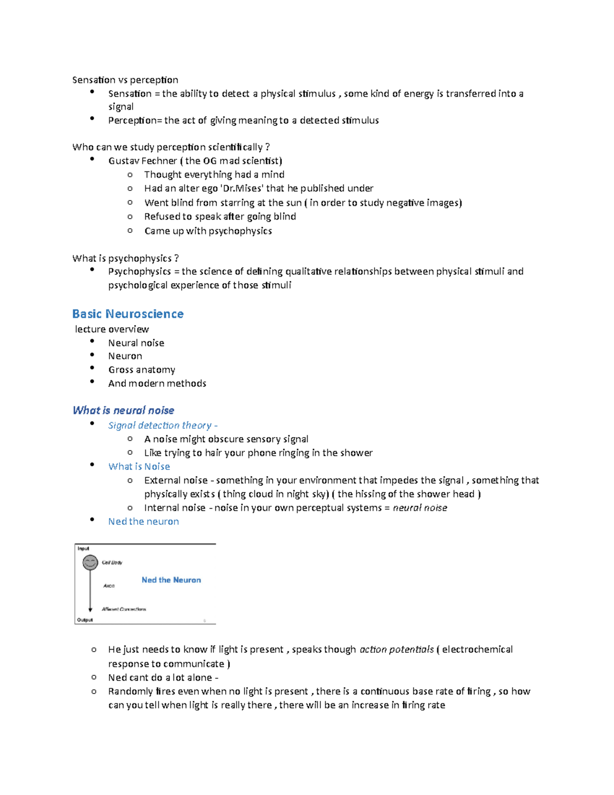 Percep Week 1 Notes From Lecture Sensation Vs Perception Sensation The Ability To Detect A