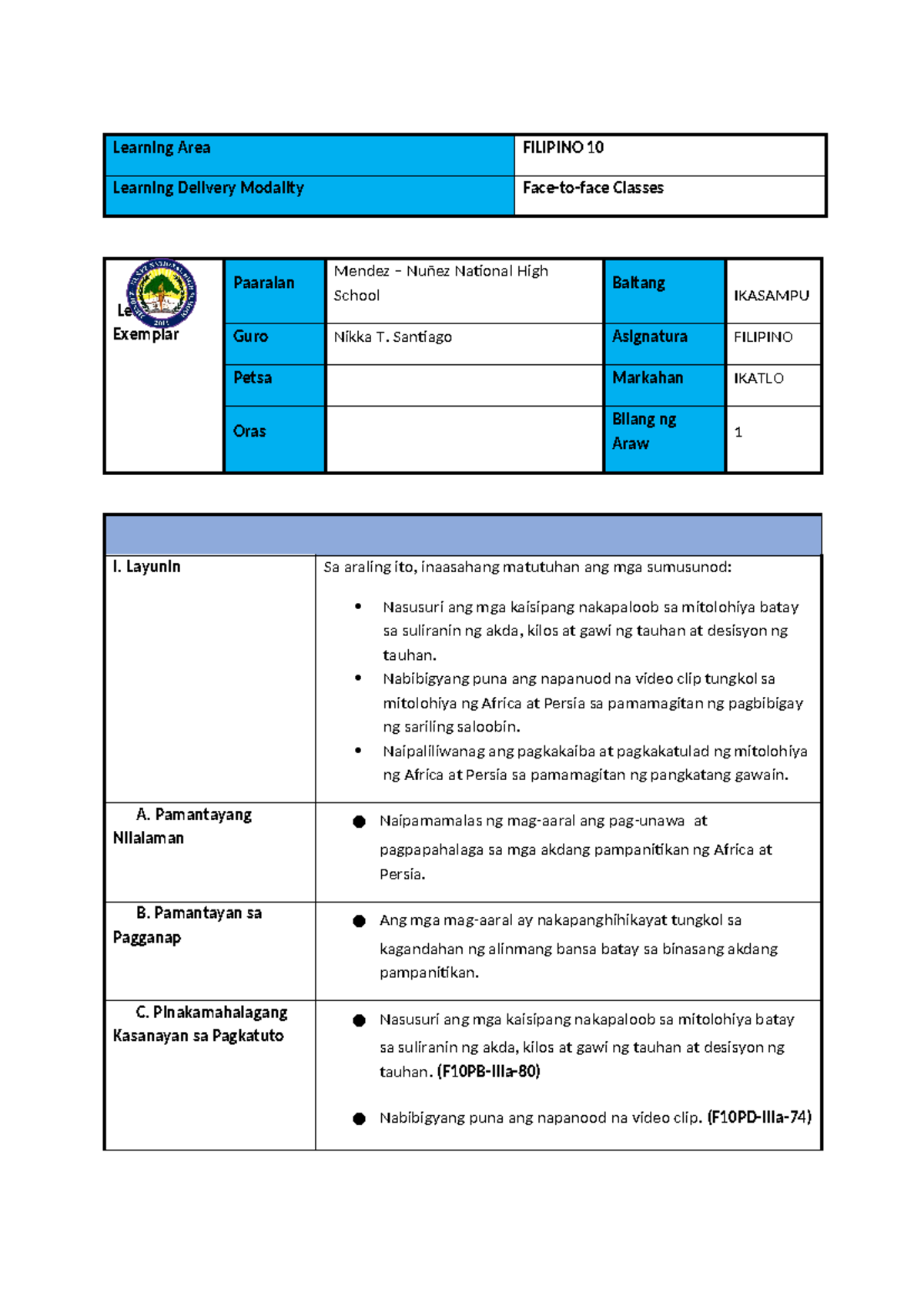 Day 1 week 1 - Learning Area FILIPINO 10 Learning Delivery Modality ...