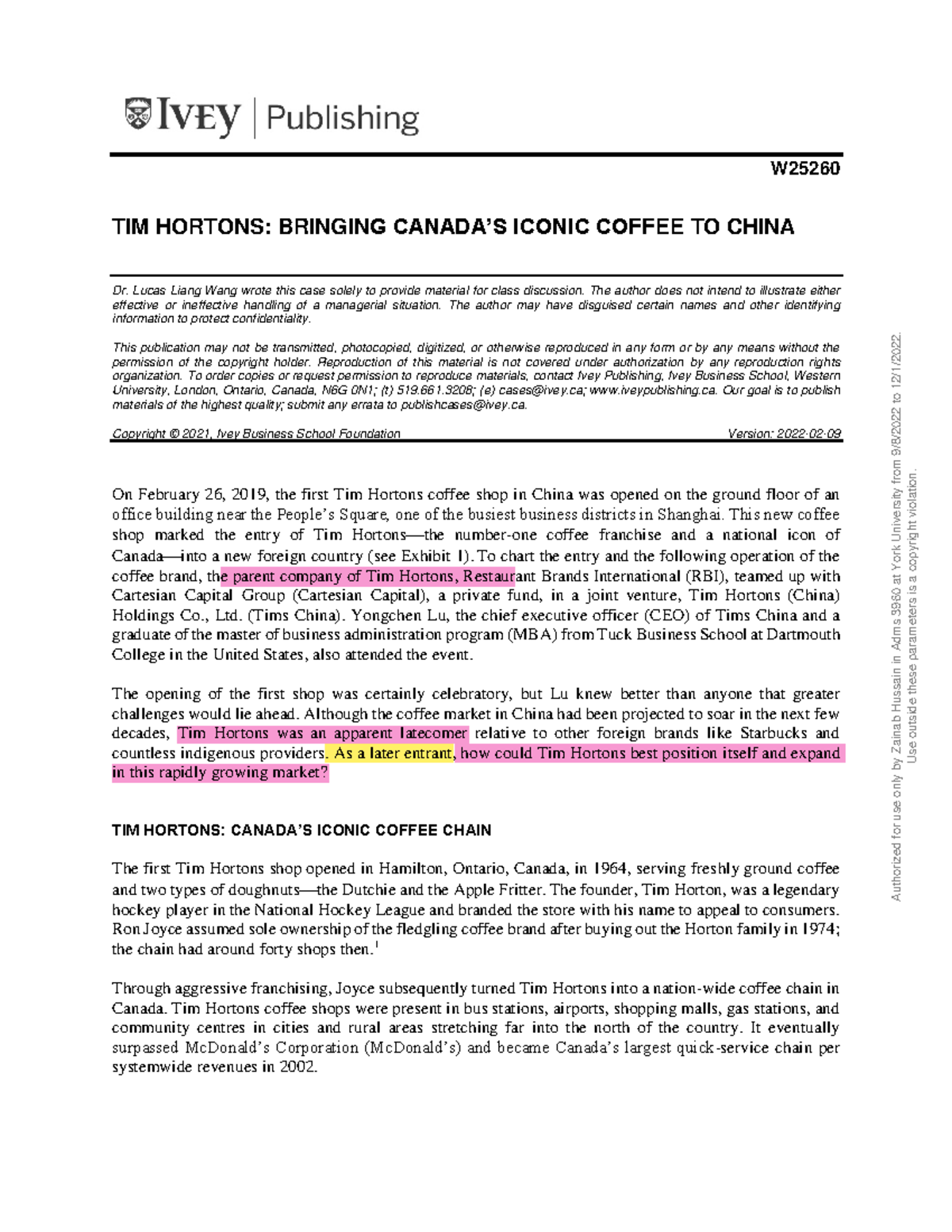 Tim Hortons - W TIM HORTONS: BRINGING CANADA’S ICONIC COFFEE TO CHINA ...