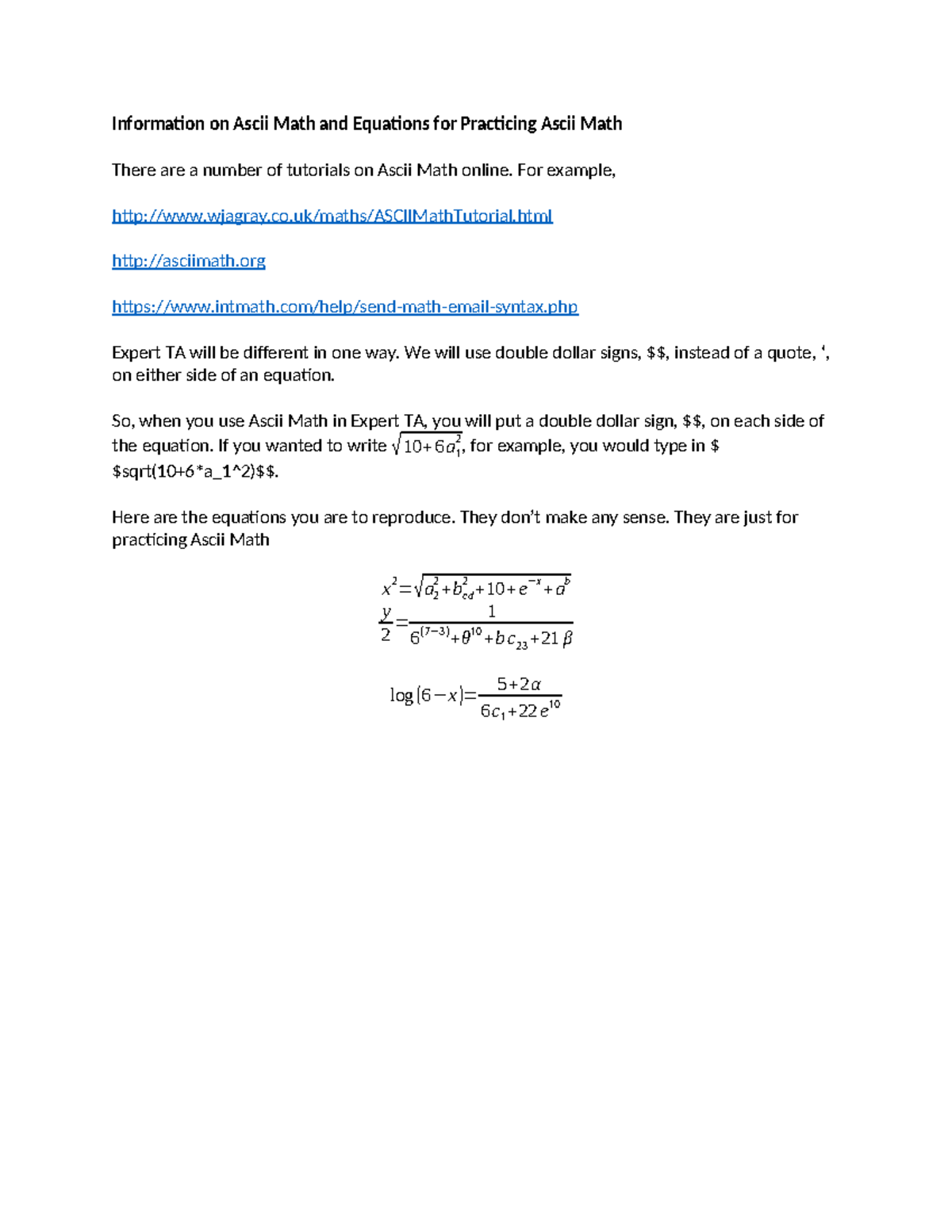 Equations For Practicing Ascii Math For Example Mathsasciimathtutorialhtml