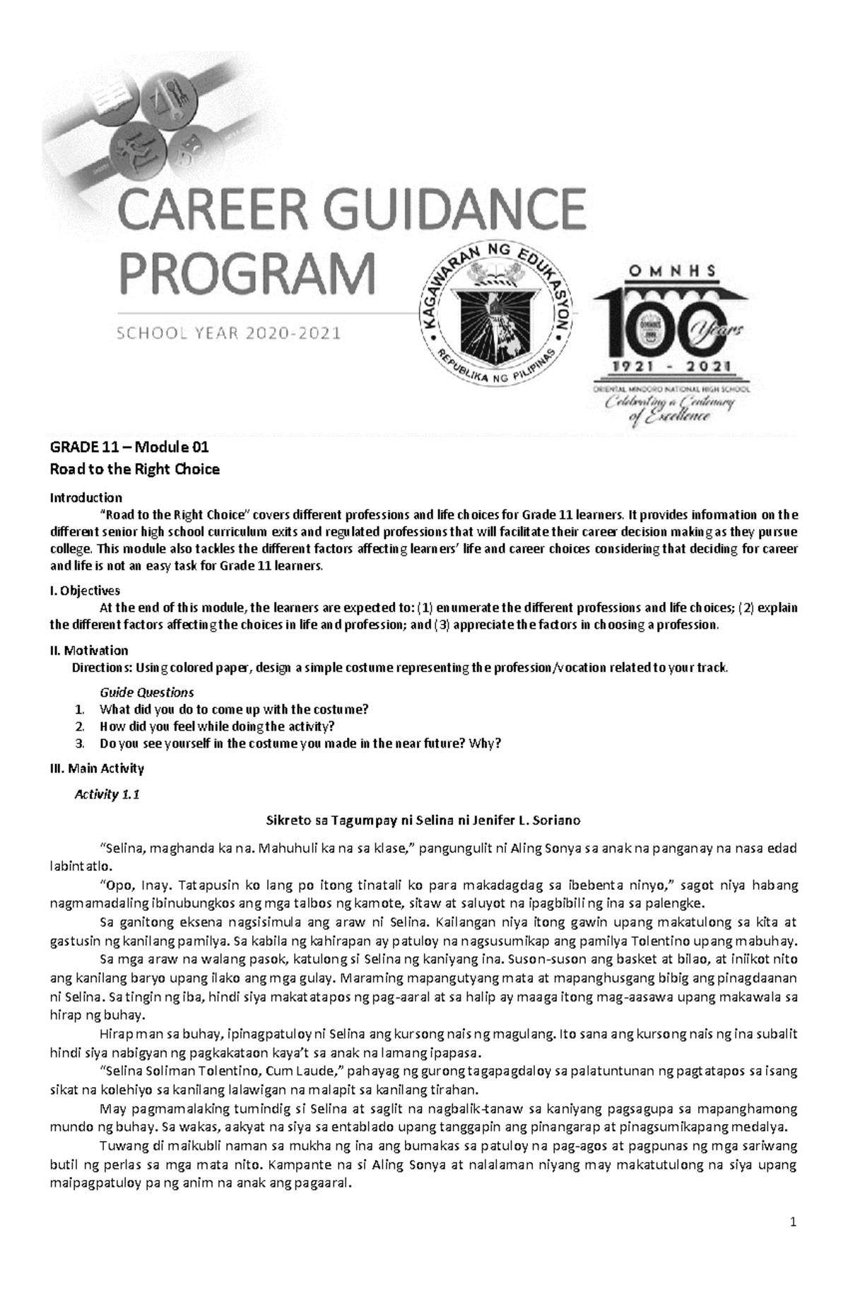 GR11 CGP Module 01 - Rah - GRADE 11 – Module 01 Road to the Right ...