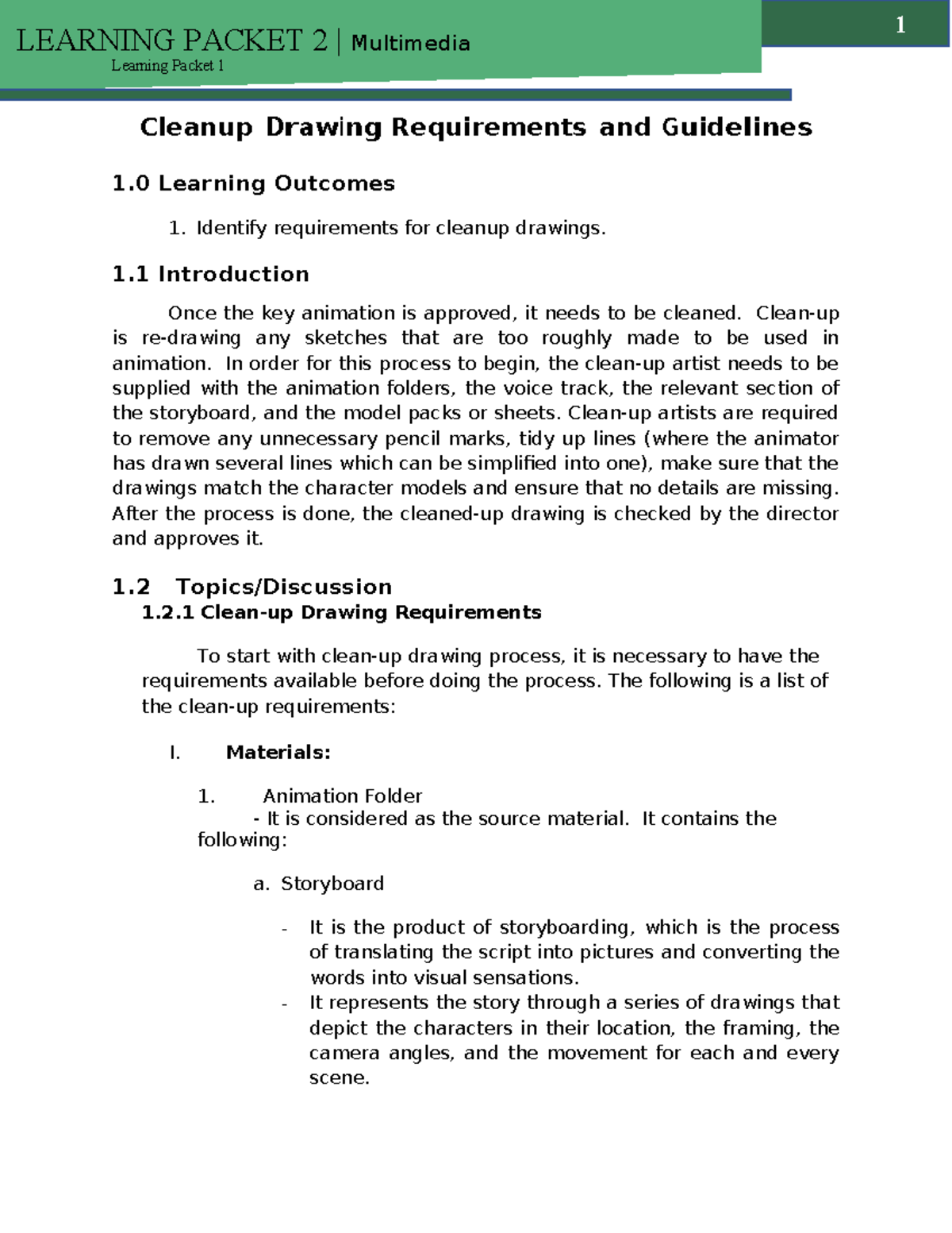 Packet 2 Lecture - Cleanup Drawing Requirements and Guidelines - LEARNING PACKET 2 | Multimedia ...