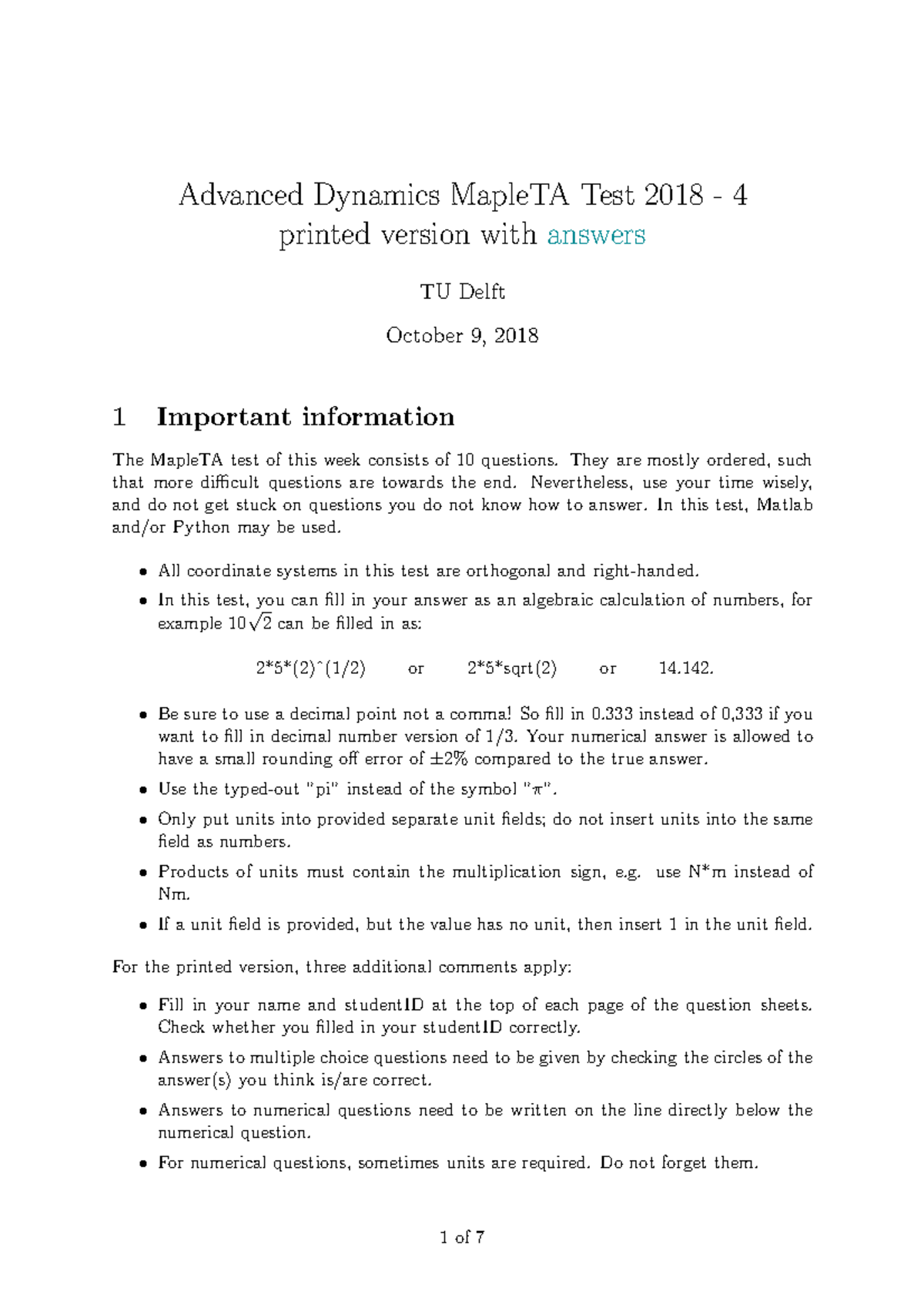 Test week 4 Maple 2018 - Advanced Dynamics MapleTA Test 2018 4 printed ...