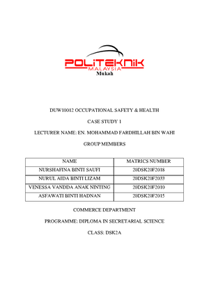 OSH CASE Study 1 - DUW10012 OCCUPATIONAL SAFETY & HEALTH CASE STUDY 1 ...
