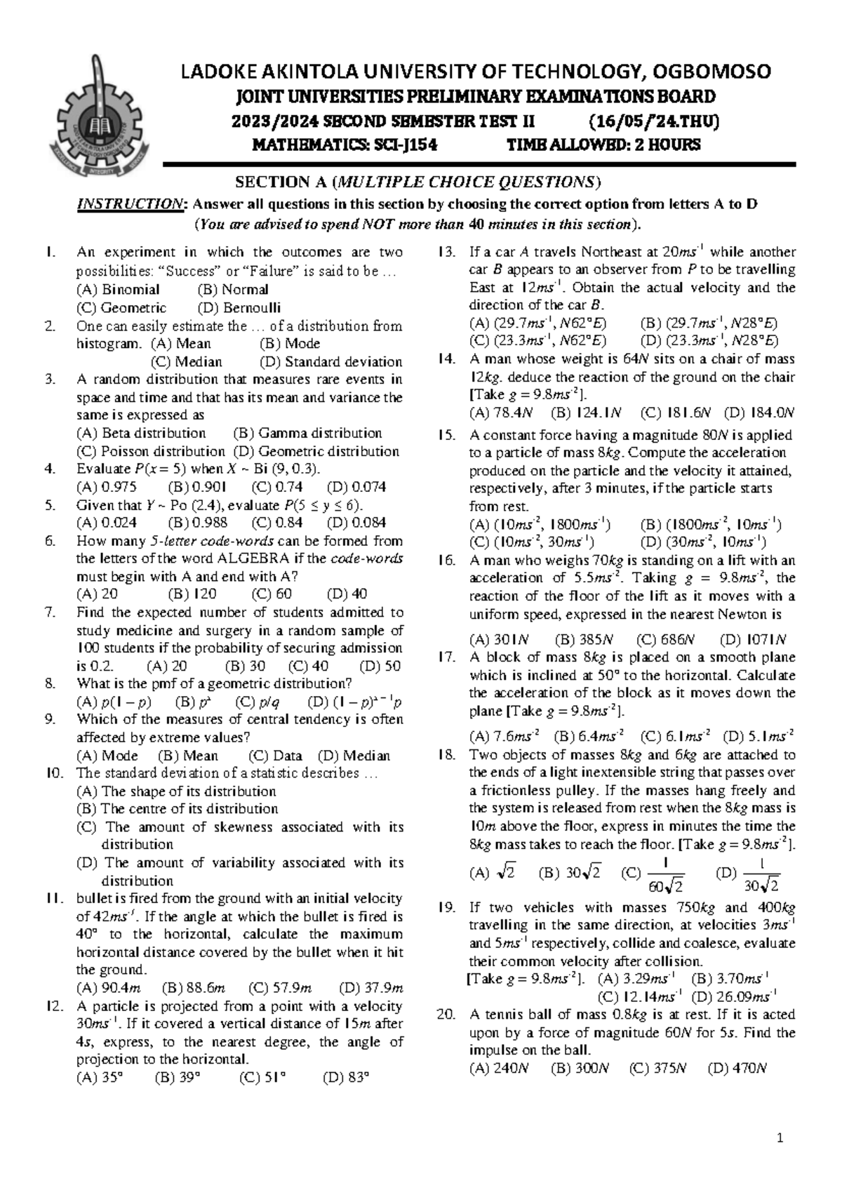 MAT 003, 004 Test II, 2023 - 2024 - 1 SECTION A (MULTIPLE CHOICE ...