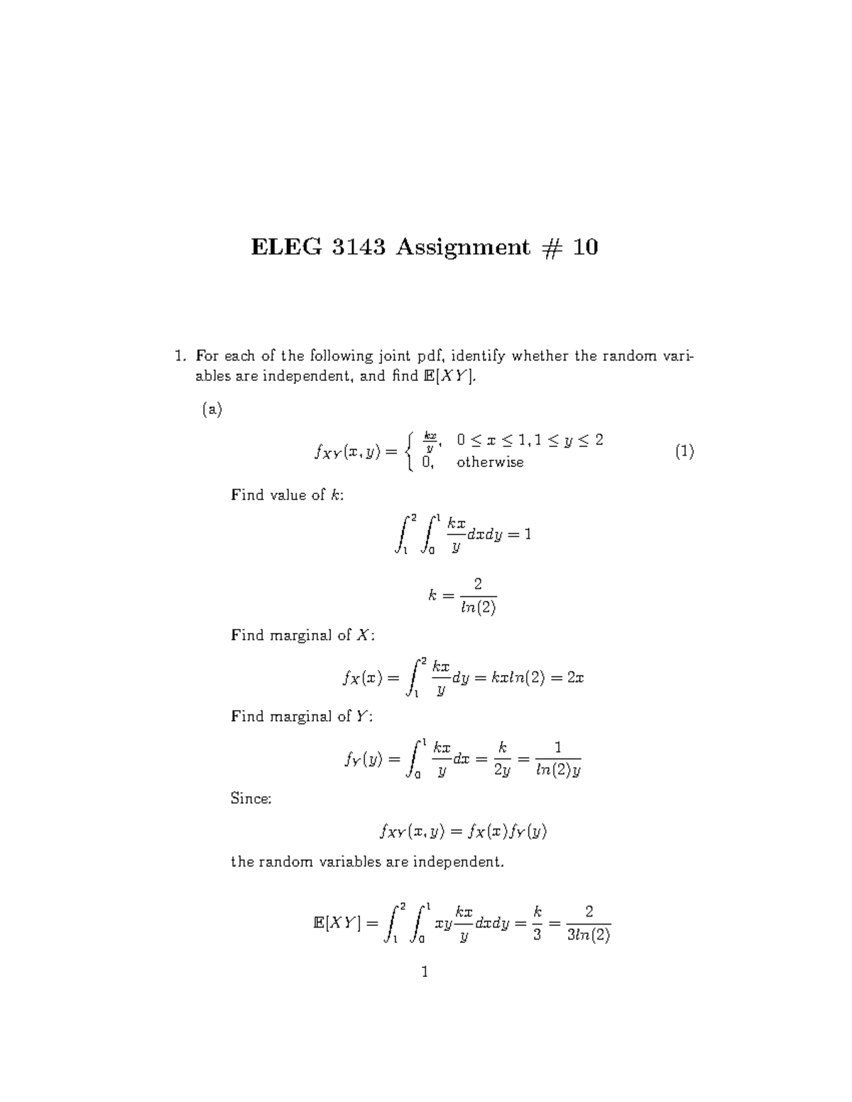 PSP Assignment 10 Solution - ELEG 3143 Assignment # 10 For each of the following joint pdf ...