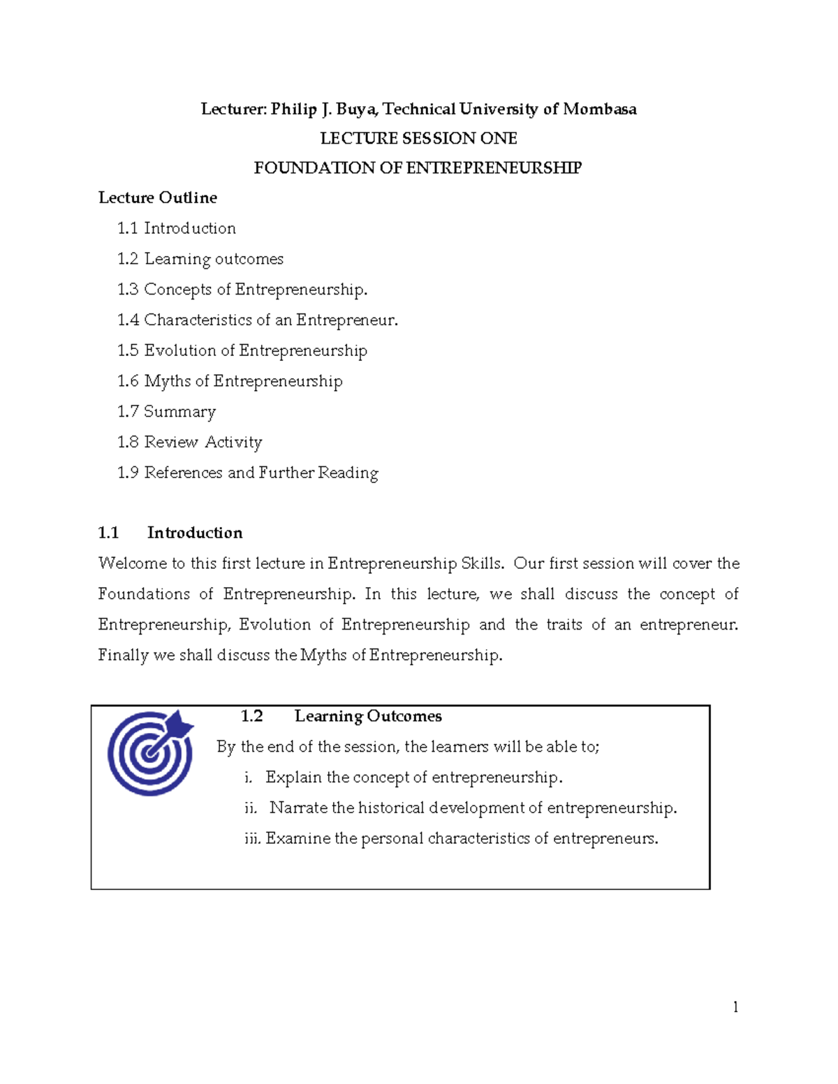 Lecture ONE - excellent study material - Lecturer: Philip J. Buya, Technical University of ...