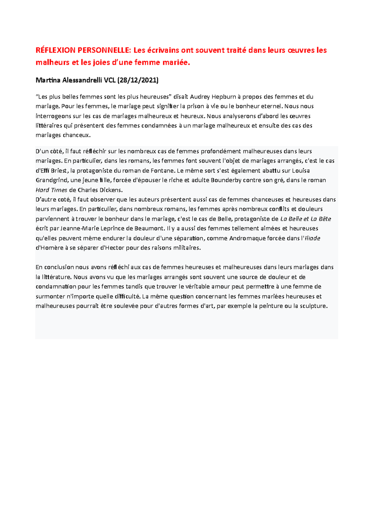 Réflexion Personnelle - RÉFLEXION PERSONNELLE: Les écrivains ont ...
