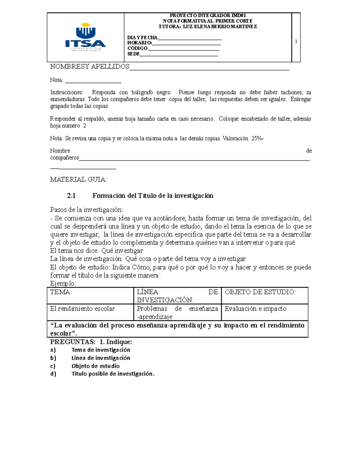 Taller NF 1 PC TEMA Y Titulo - PROYECTO INTEGRADOR IMD NOTA FORMATIVA AL PRIMER CORTE TUTORA ...