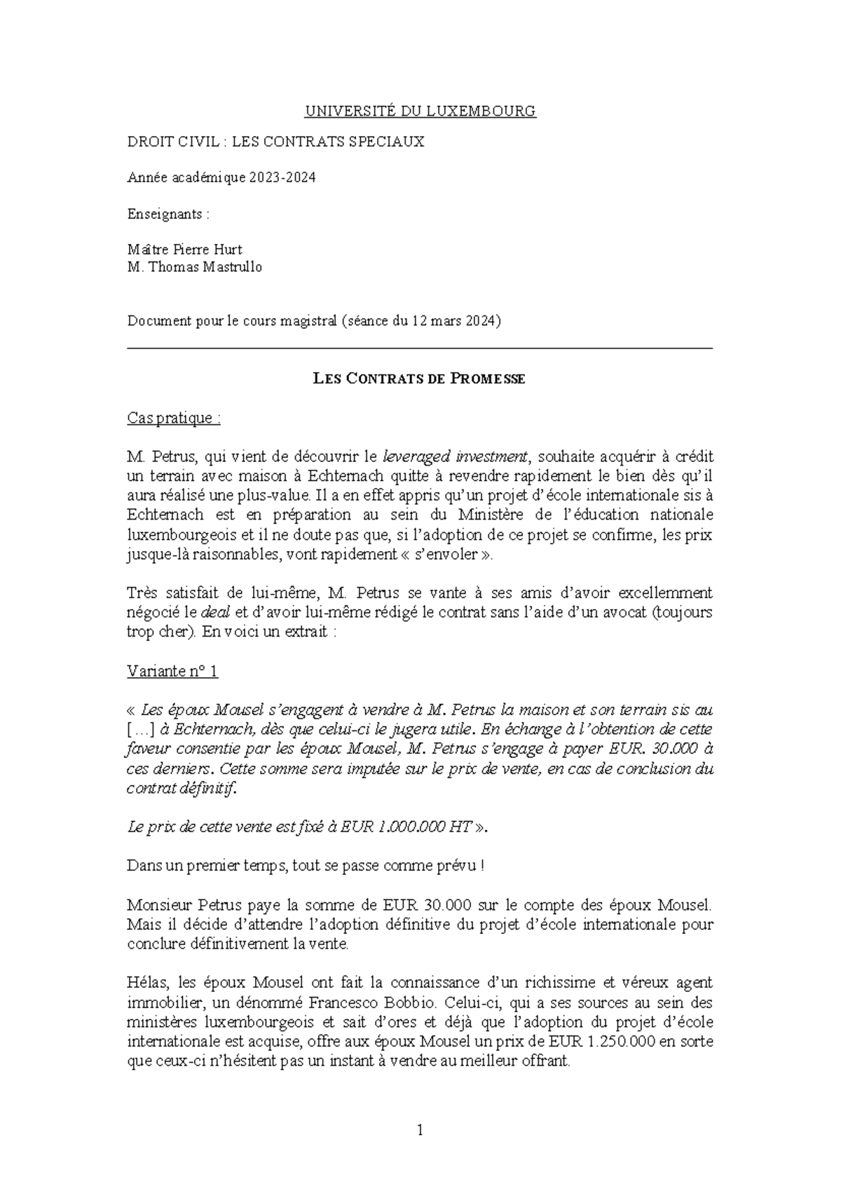 Cas Pratique Promesses de contrat - UNIVERSITÉ DU LUXEMBOURG DROIT ...