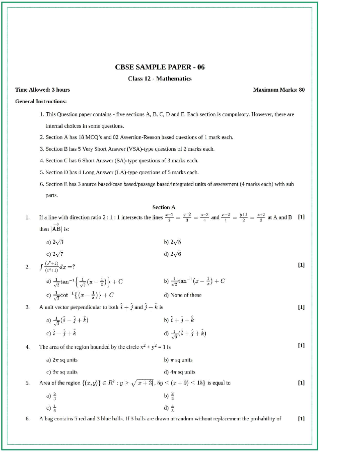 Sample Paper Maths 6 - Mathematics-I - Studocu