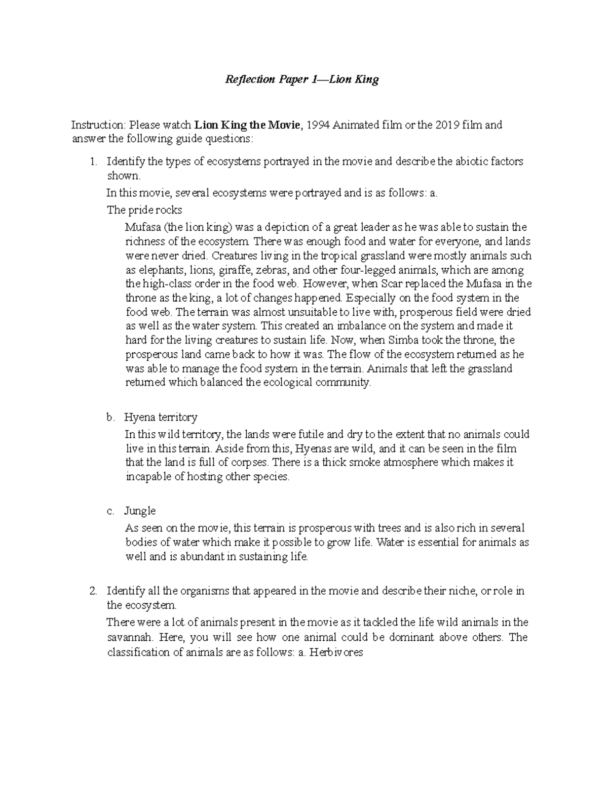Reflection Paper 1 LION KING - Reflection Paper 1—Lion King Instruction ...