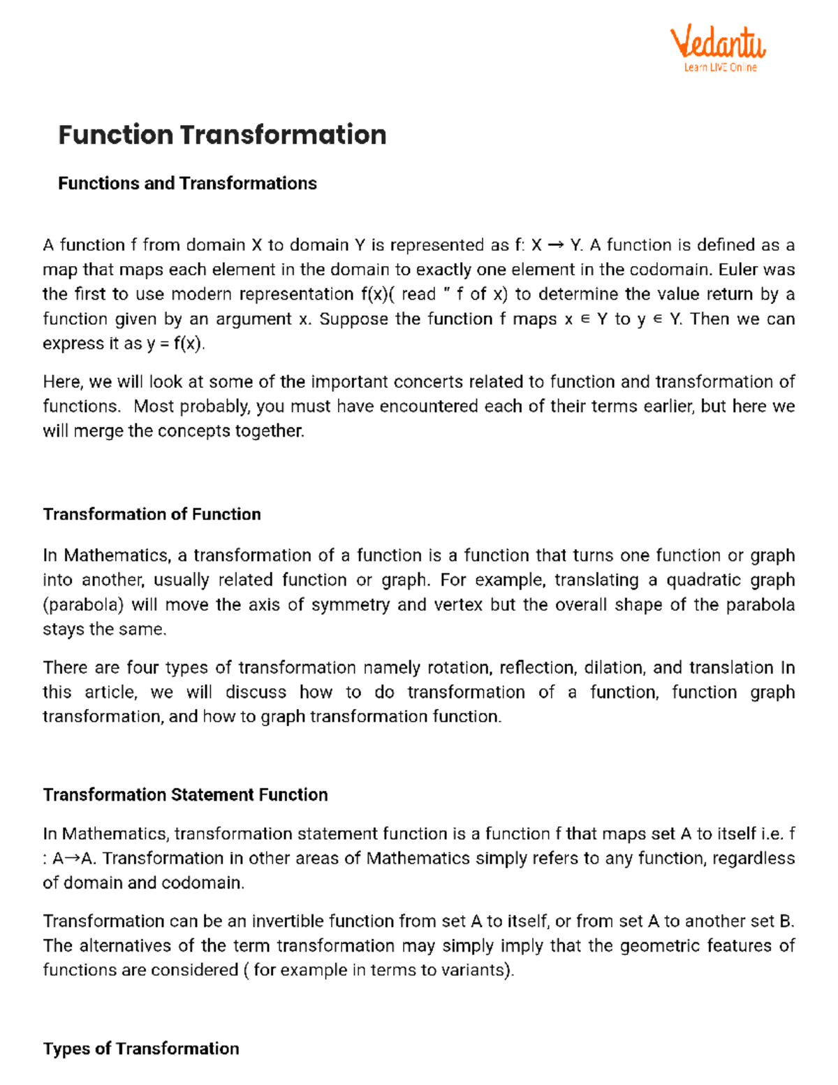 Function Transformation - A function is defined as a map that maps each ...