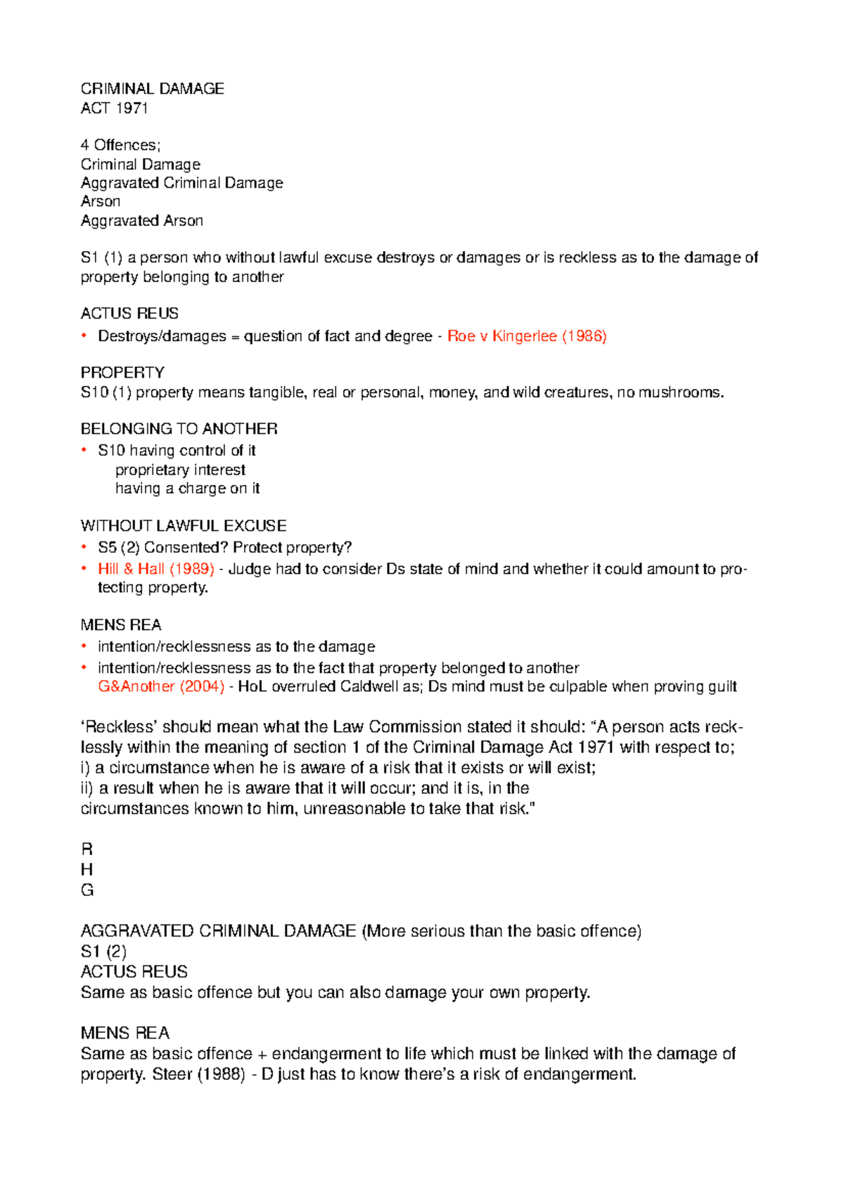 Criminal Damage - Lecture notes 9 - CRIMINAL DAMAGE ACT 1971 4 Offences ...