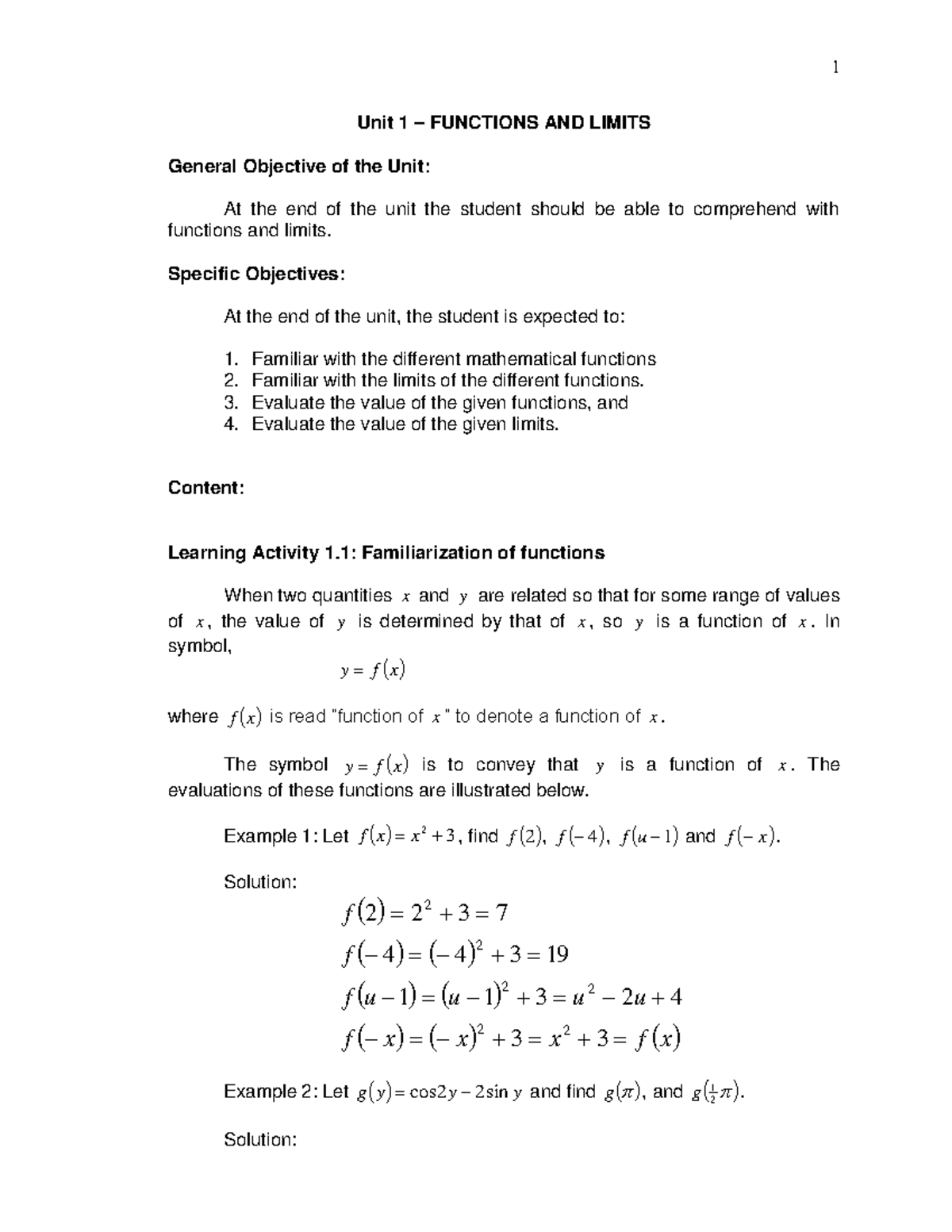 Unit 1 Functions AND Limits - Unit 1 – FUNCTIONS AND LIMITS General ...
