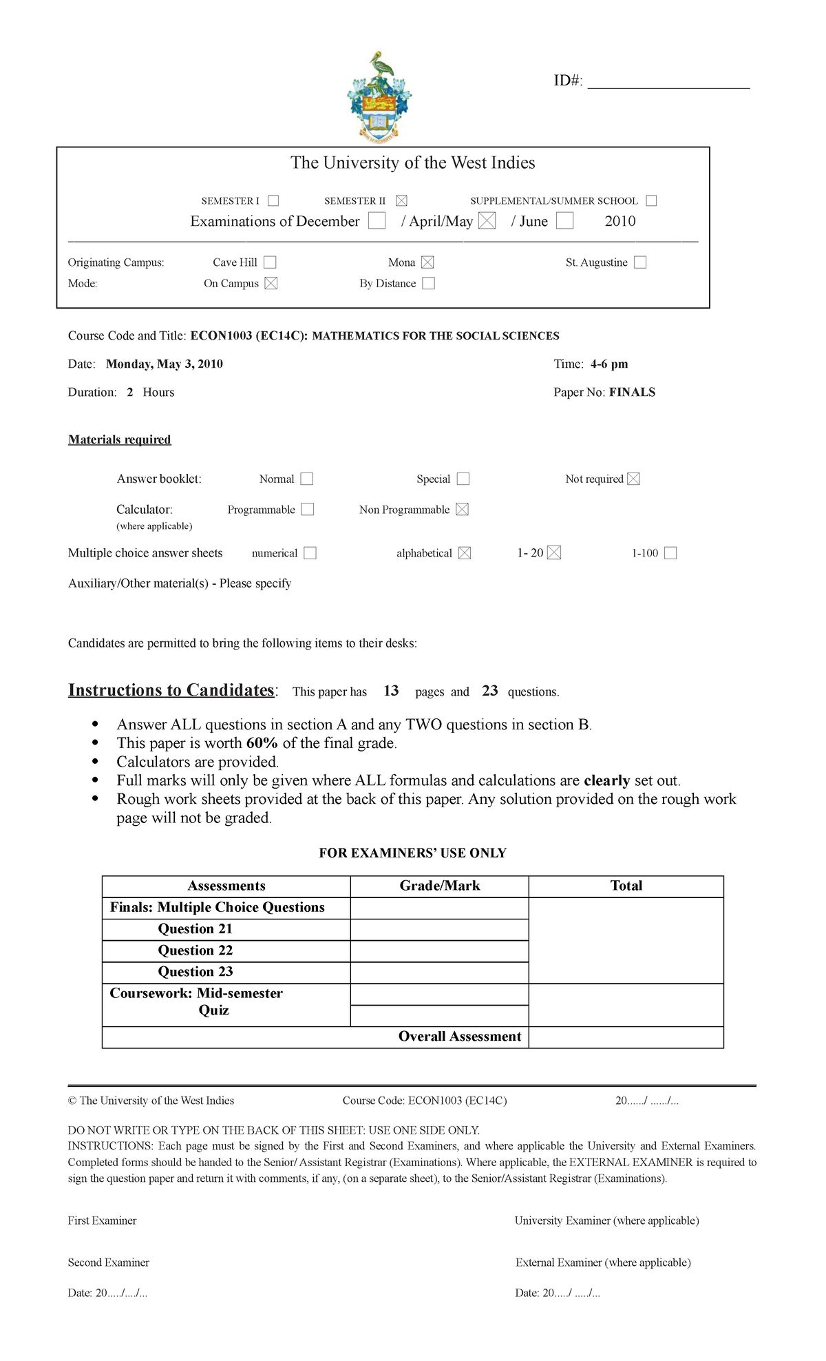 Past Paper ECON 1003 December 2010 - ID#: ____________________ The ...