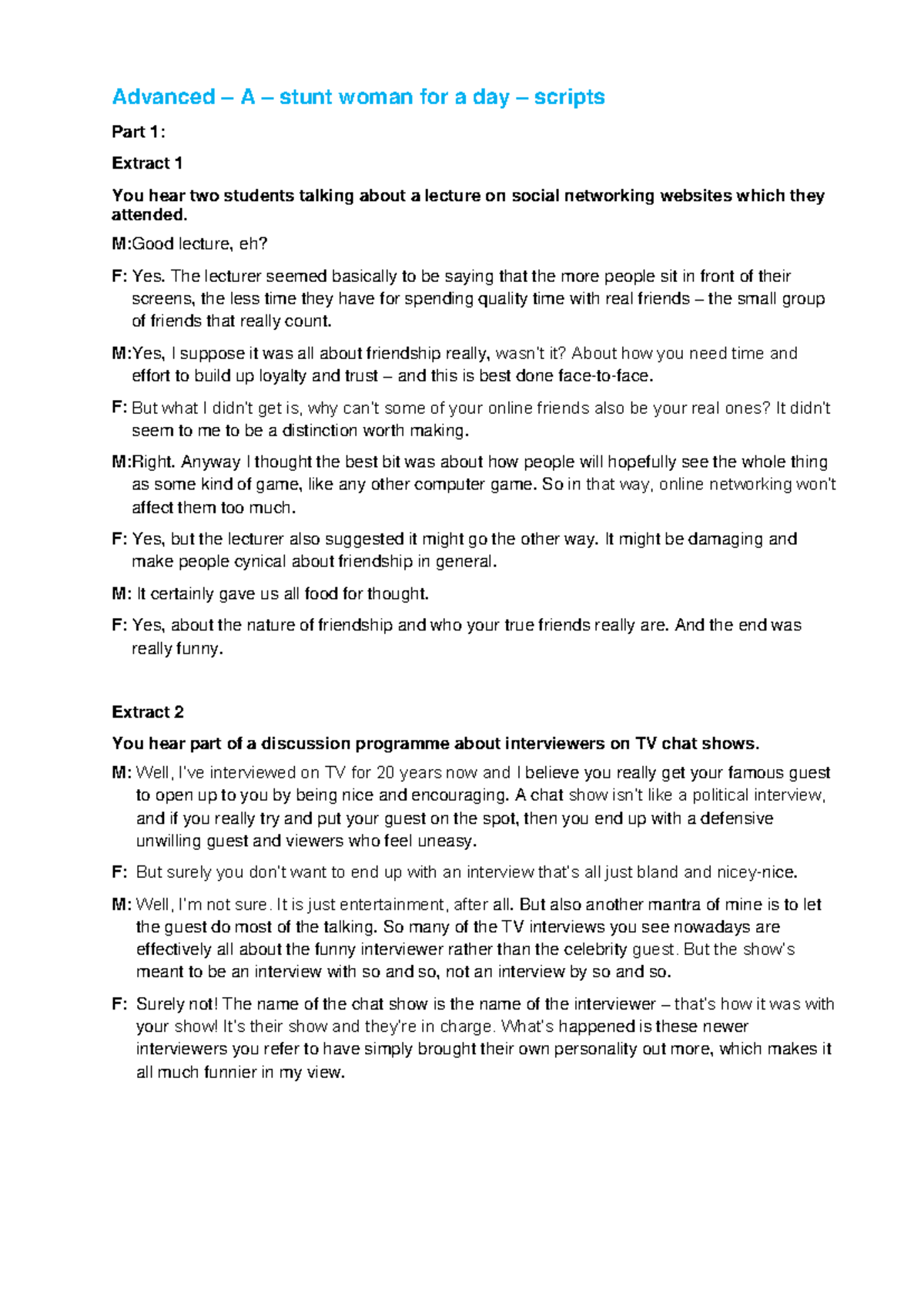 Advanced - A - listening - script - Advanced – A – stunt woman for a ...