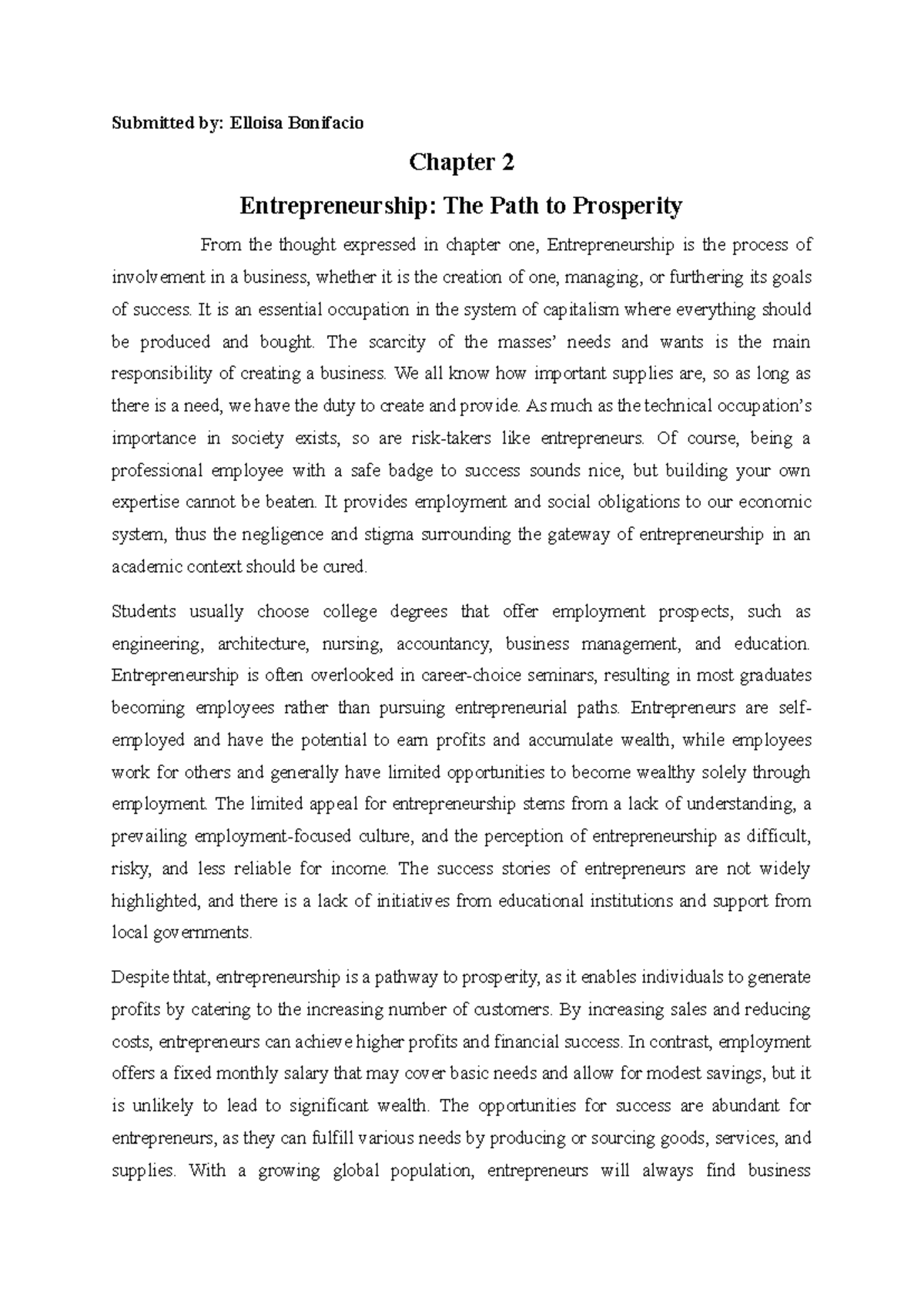 Entrep 2 (Reflection) - Submitted by: Elloisa Bonifacio Chapter 2 ...