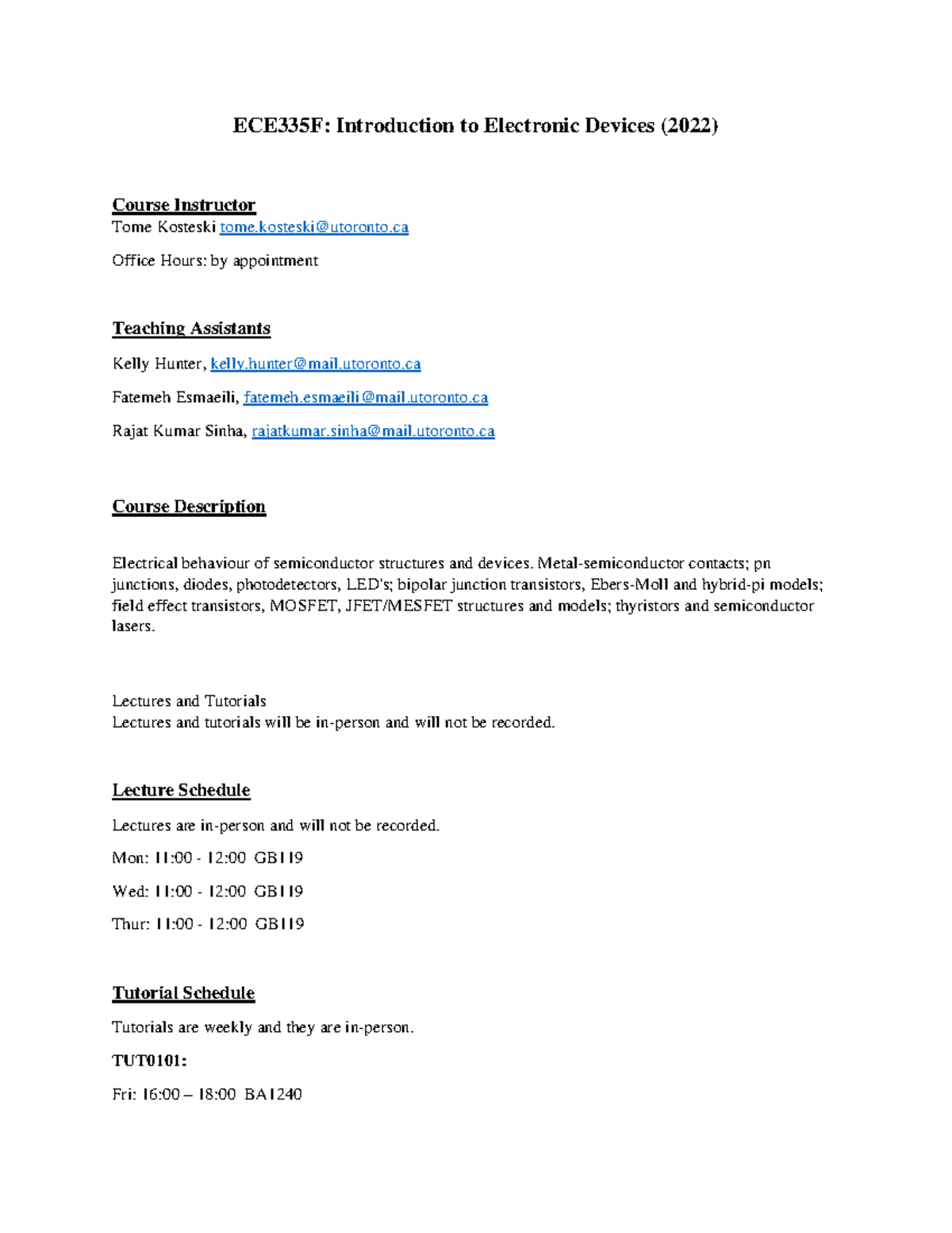 ECE335 Syllabus 2022 - ECE335F: Introduction to Electronic Devices (2022) Course Instructor Tome ...