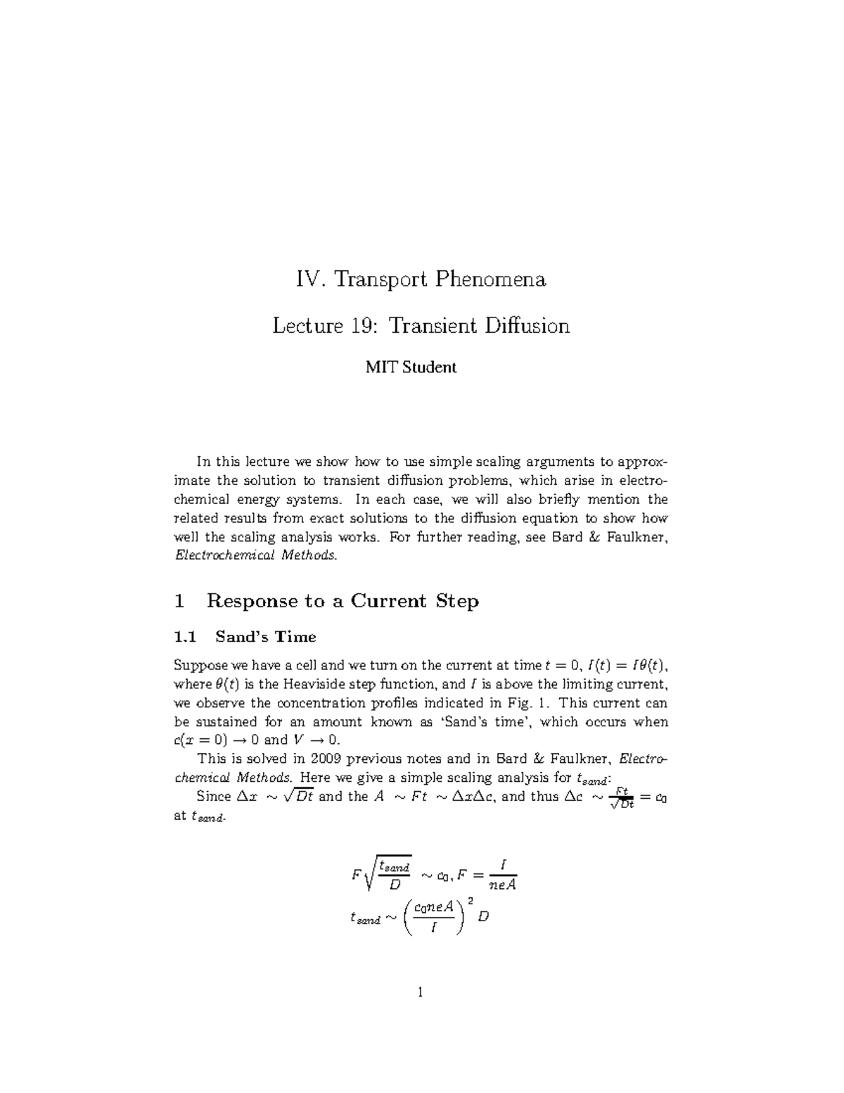 Transient diffusion - IV. Transport Phenomena Lecture 19: Transient Diffusion MIT Student In ...