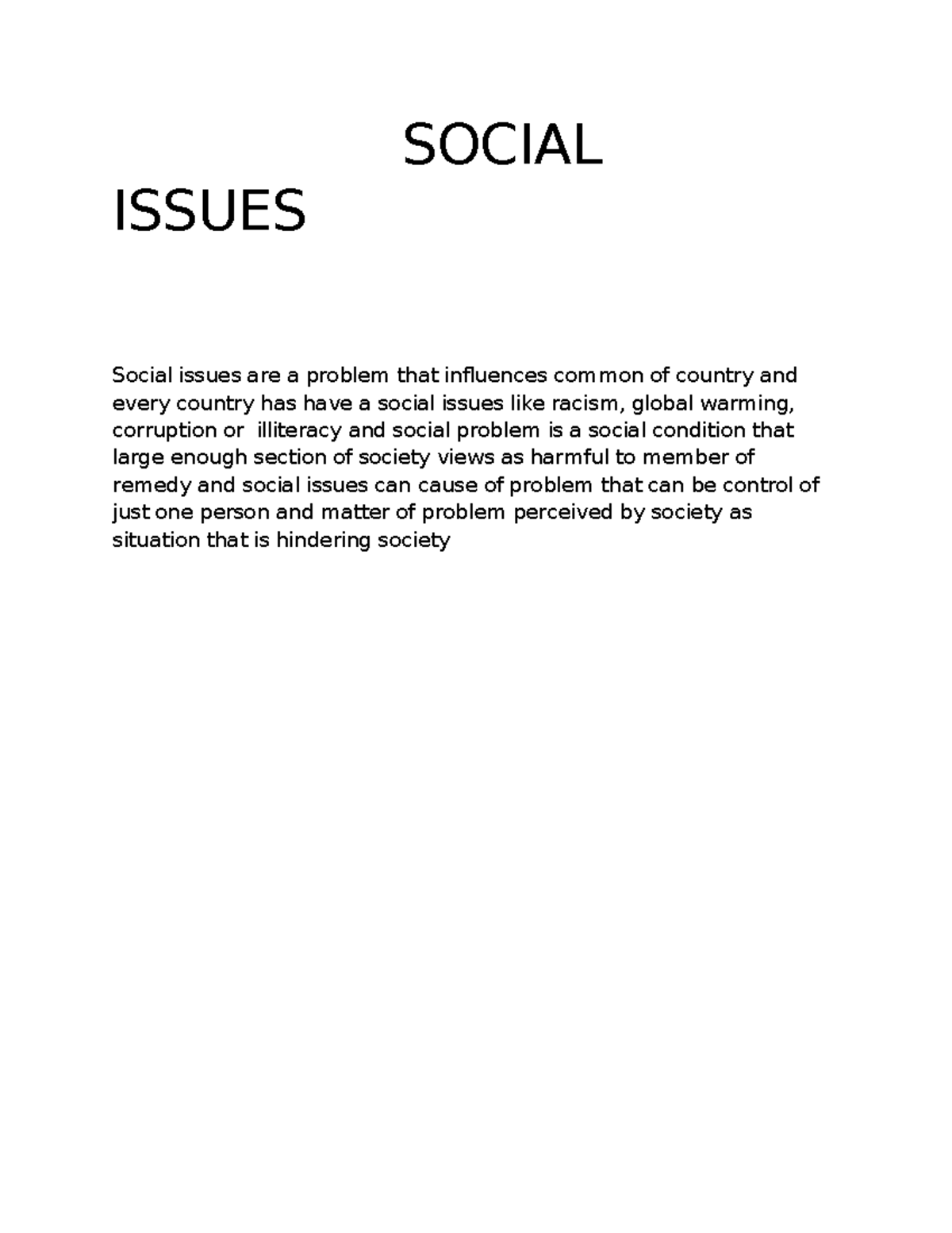 Social Issues - BS tourism management - SOCIAL ISSUES Social issues are ...