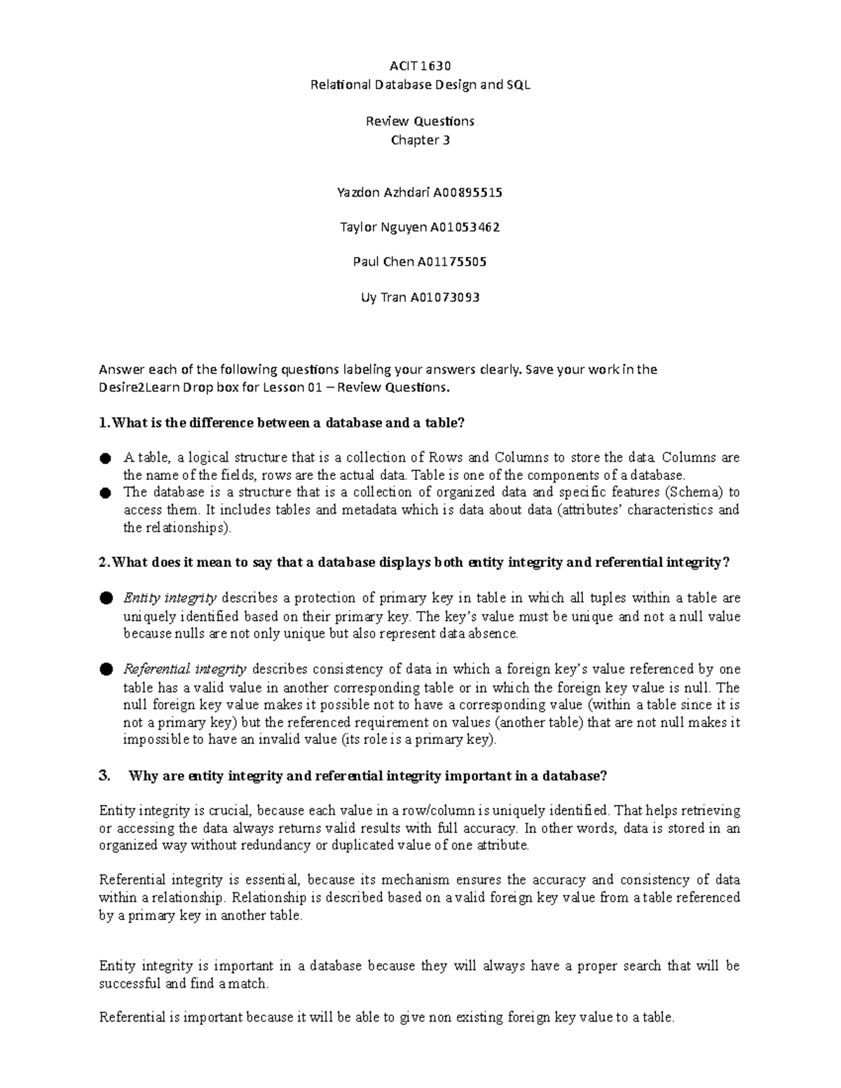 Review Questions Chapter 3 - ACIT 1630 Relational Database Design and SQL Review Questions ...