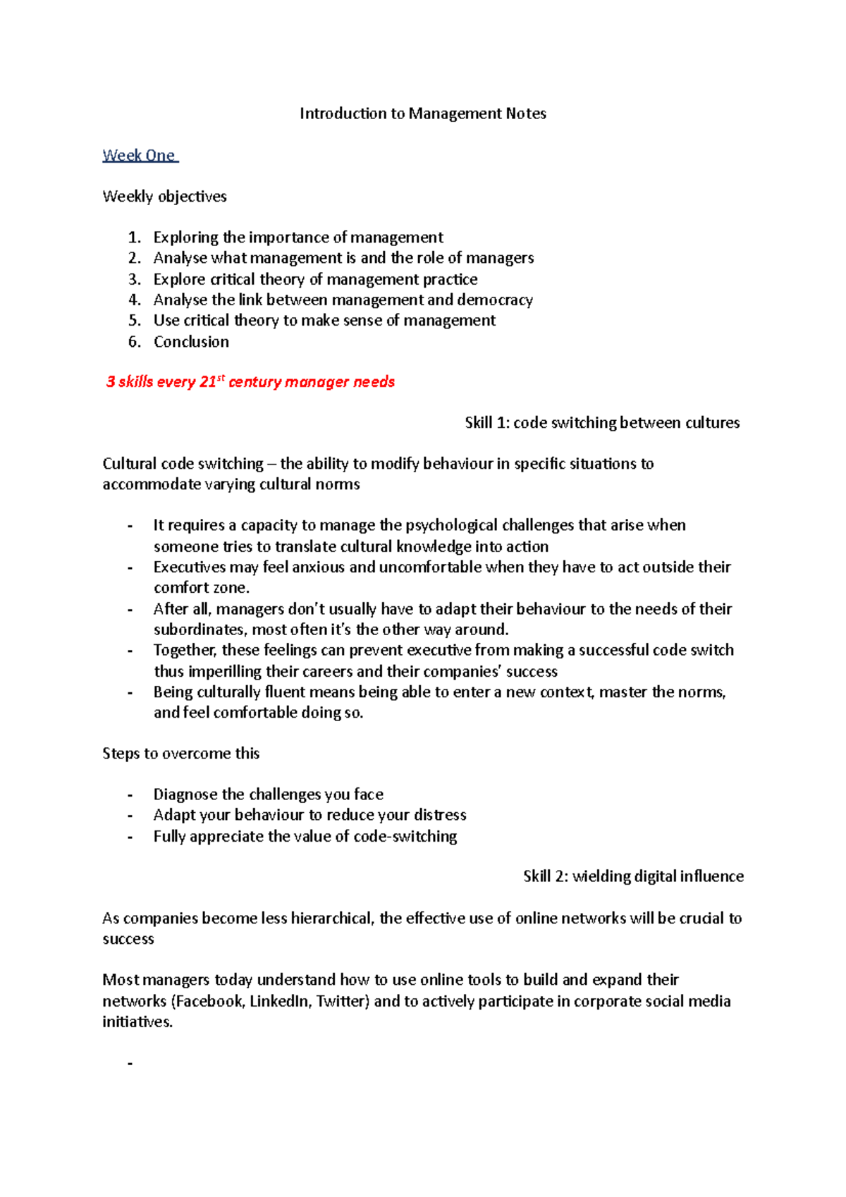 Management Readings 2021 - Introduction to Management Notes Week One ...