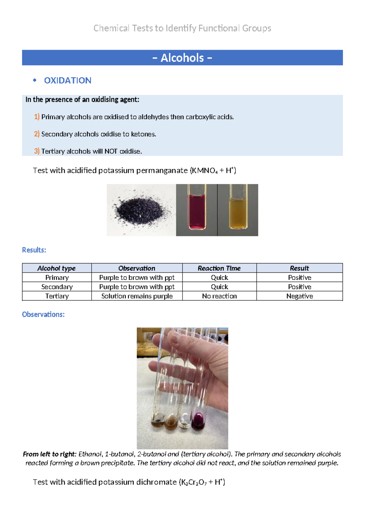 Chemical Tests to Identify organic compounds - – Alcohols – OXIDATION ...
