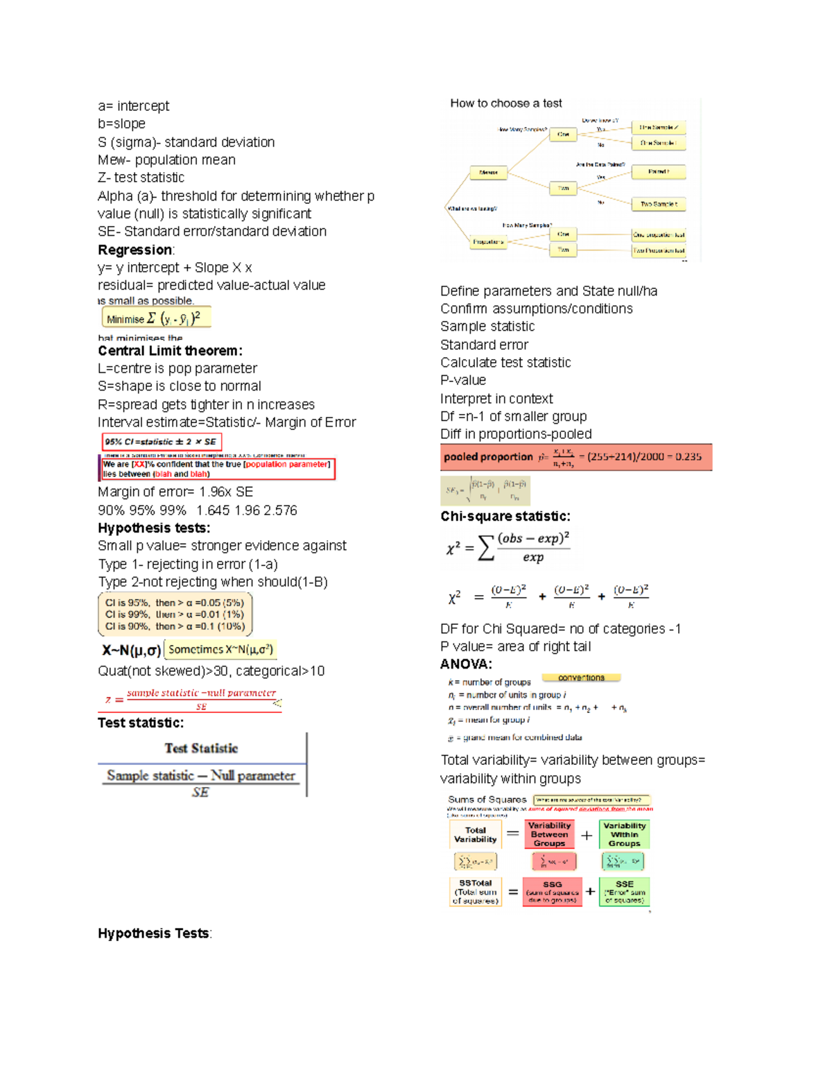 Summary Stats Formula Sheet - a= intercept b=slope S (sigma)- standard ...