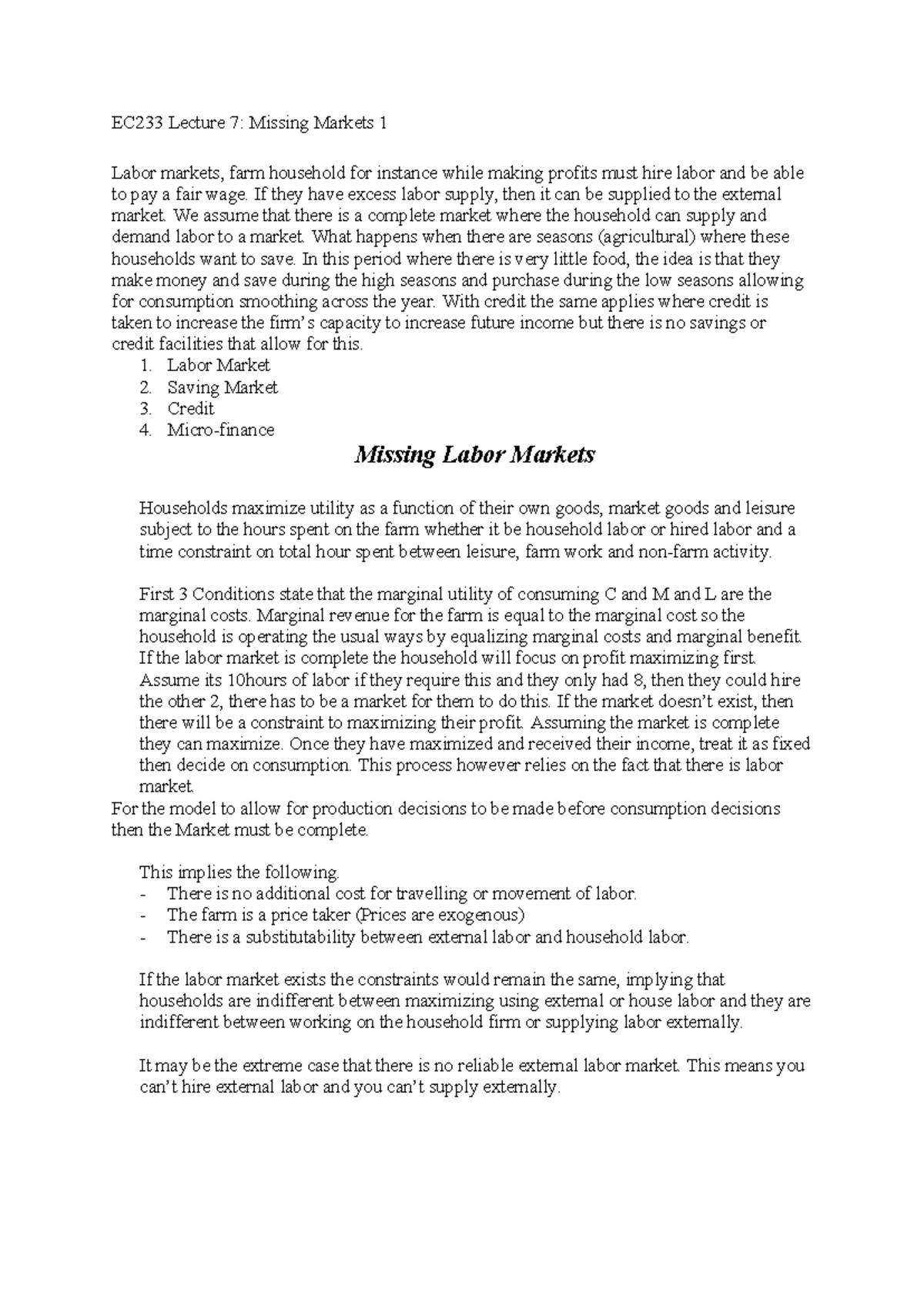 EC233 - Lecture 7 (1) - EC233 Lecture 7: Missing Markets 1 Labor markets, farm household for ...