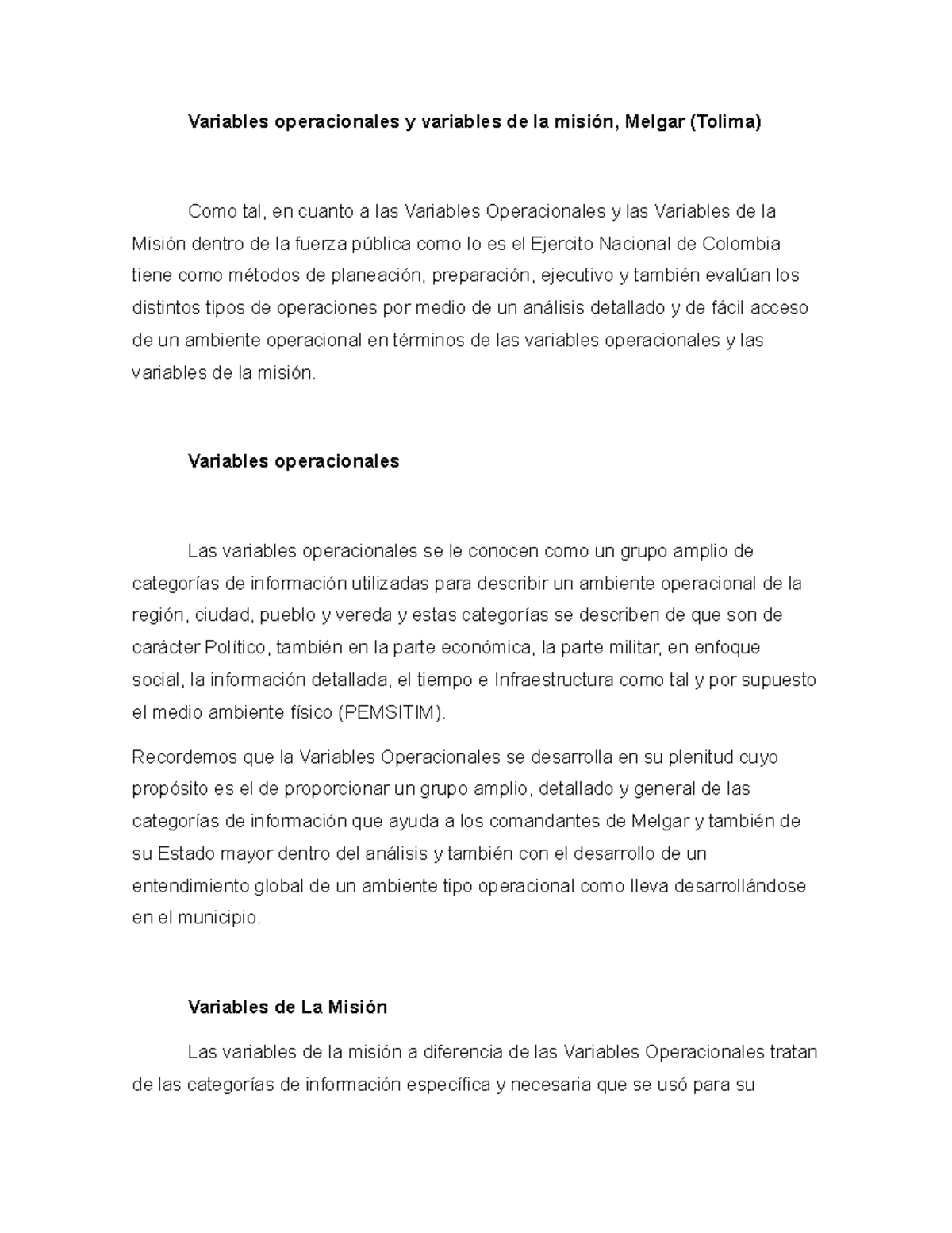 Variables operacionales y variables de la misión, Melgar (Tolima ...