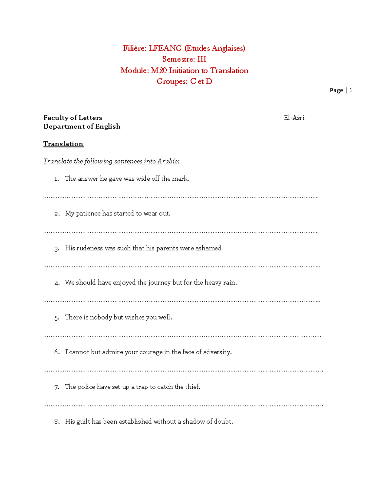 Initiation to Translation (Eng Ar) 3 - Page | 1 Filière: LFEANG (Etudes ...