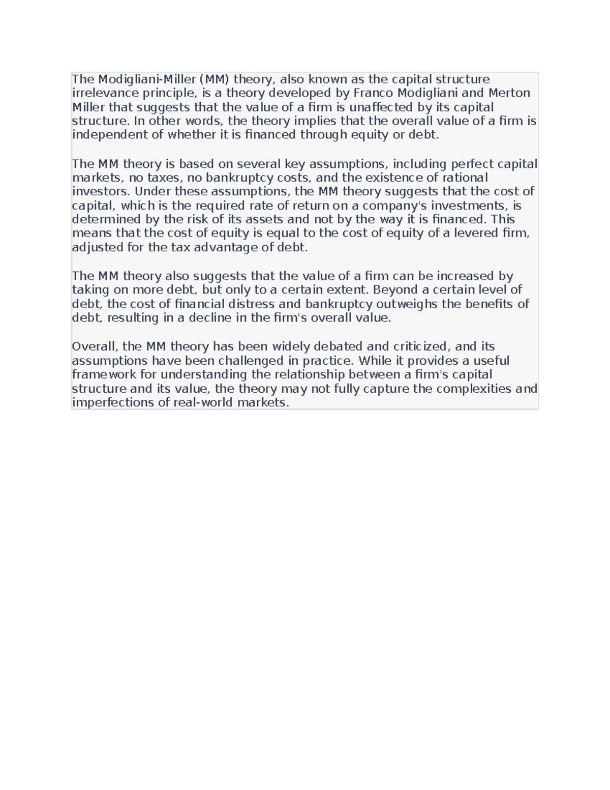 MM's Theory - The Modigliani-Miller (MM) theory, also known as the ...