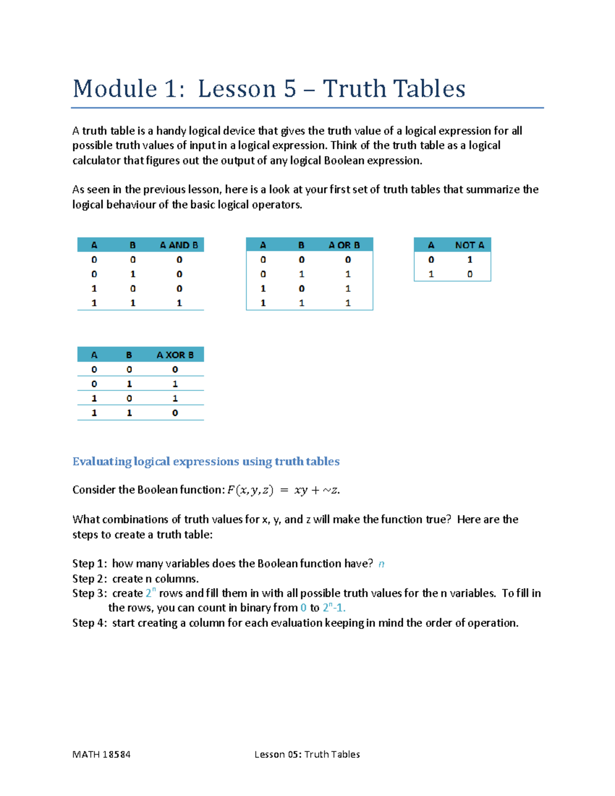 Lesson 1-05 - Truth Tables - Module 1: Lesson 5 – Truth Tables A truth ...