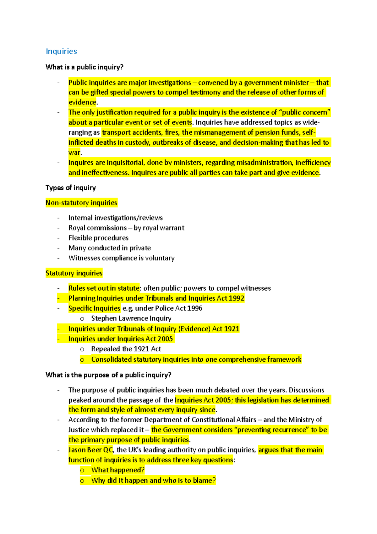 Inquiries - Revision notes for exam - Inquiries What is a public ...