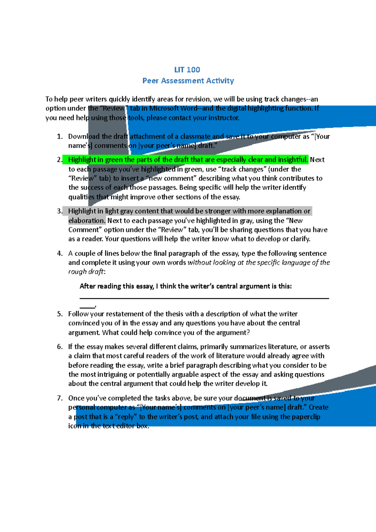 Peer Assessment Activity in Template - LIT 100 Peer Assessment Acivity ...