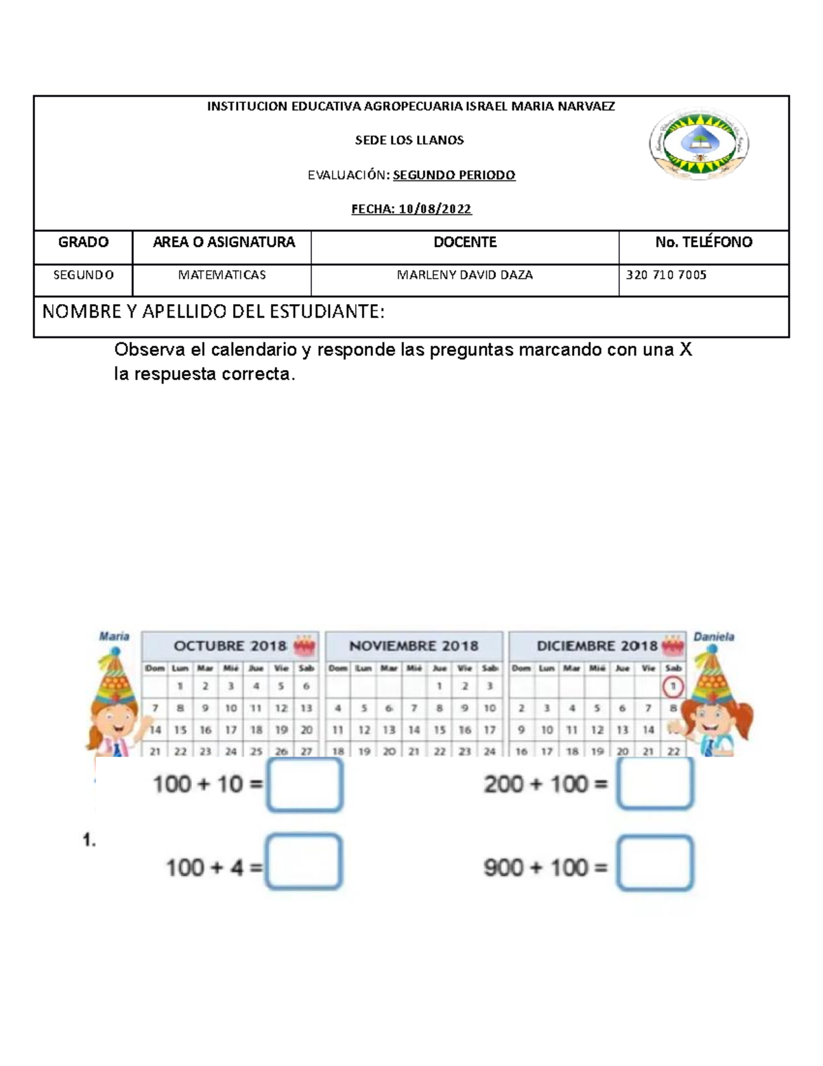 Evaluacion Matematicas Segundo - GRADO AREA O ASIGNATURADOCENTENo ...