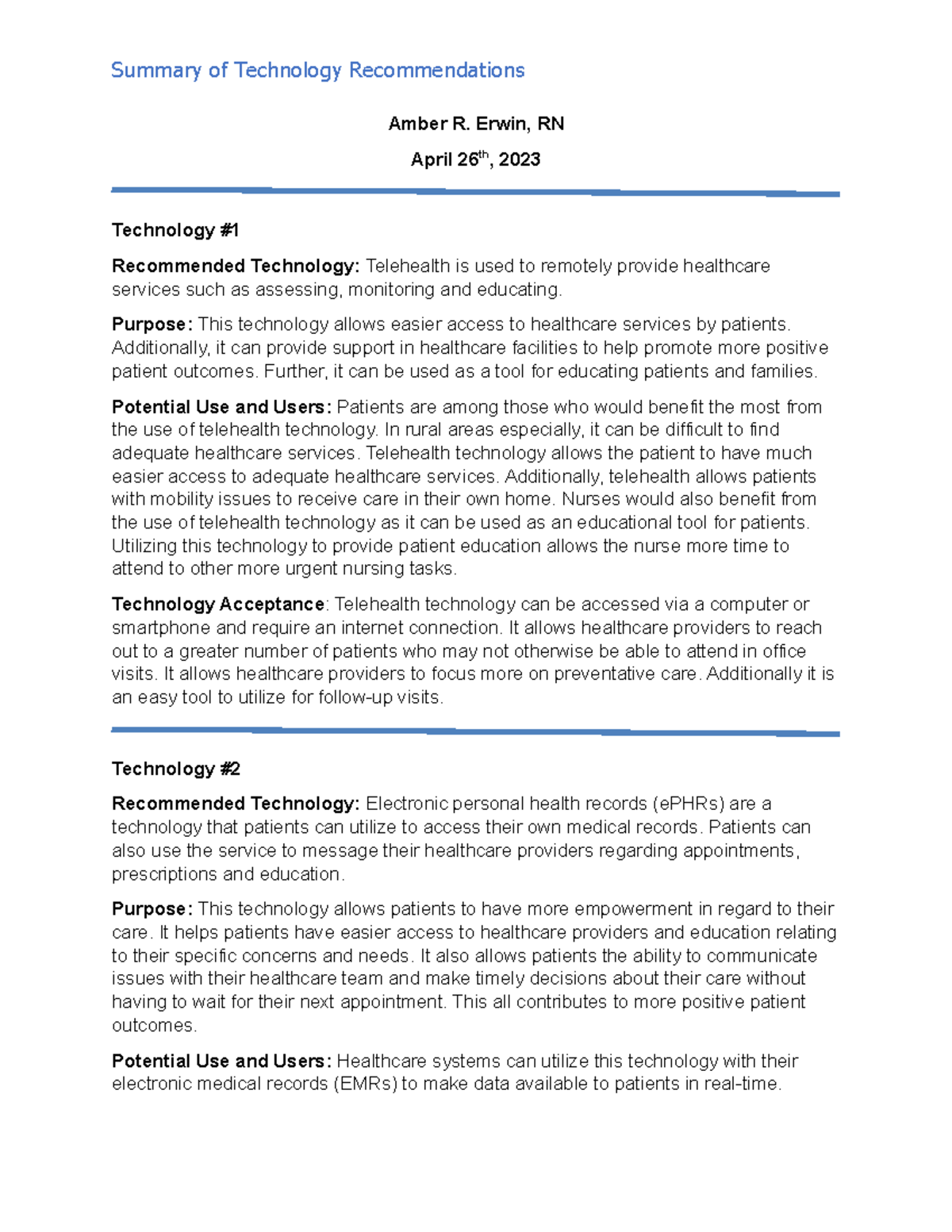 Amber's Technology Summary 1 - Summary of Technology Recommendations ...