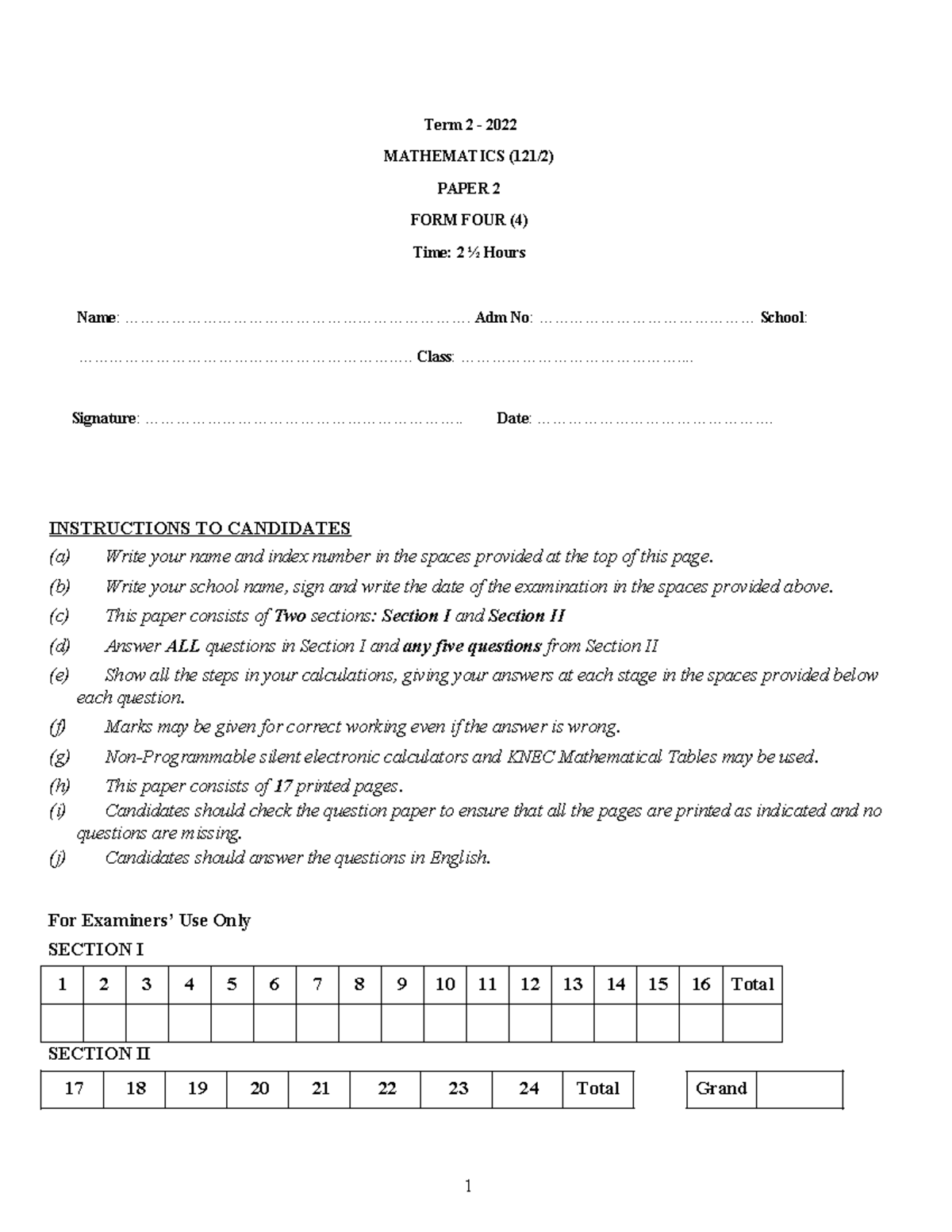 Mathematics-F4-P2 - good - Term 2 - 2022 MATHEMATICS (121/2) PAPER 2 ...