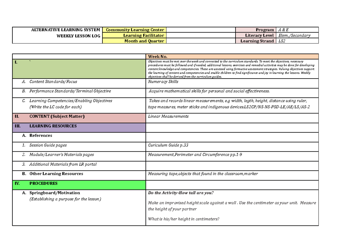 WLL Linear Measurements - ALTERNATIVE LEARNING SYSTEM WEEKLY LESSON LOG ...