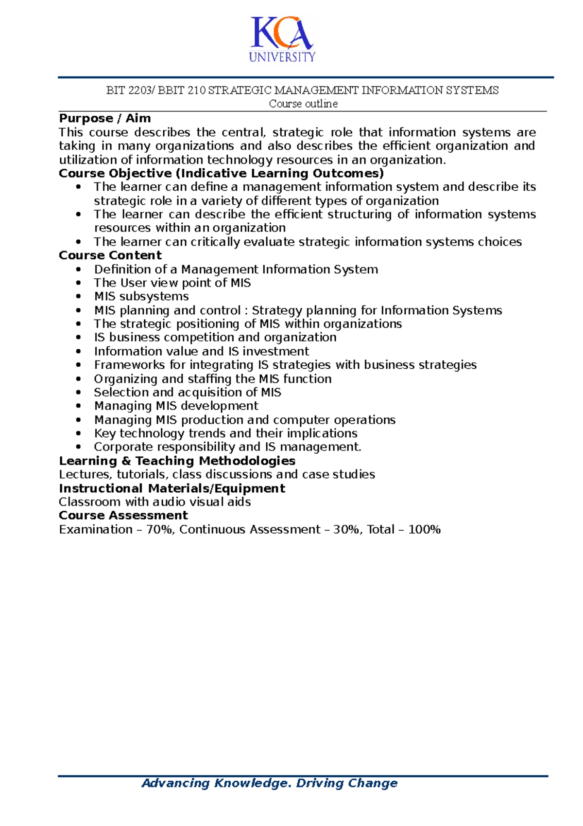 1 BIT 2203 - Course Outline Strategic MIS - BIT 2203/ BBIT 210 STRATEGIC MANAGEMENT INFORMATION ...