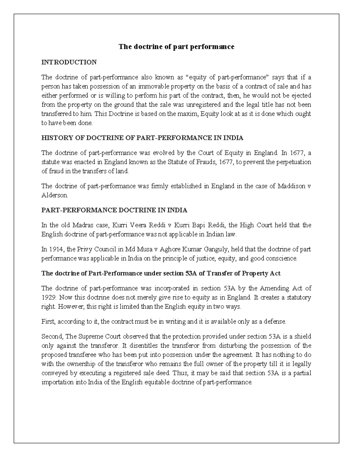 Doctrine of part performance - The doctrine of part performance INTRODUCTION The doctrine of ...