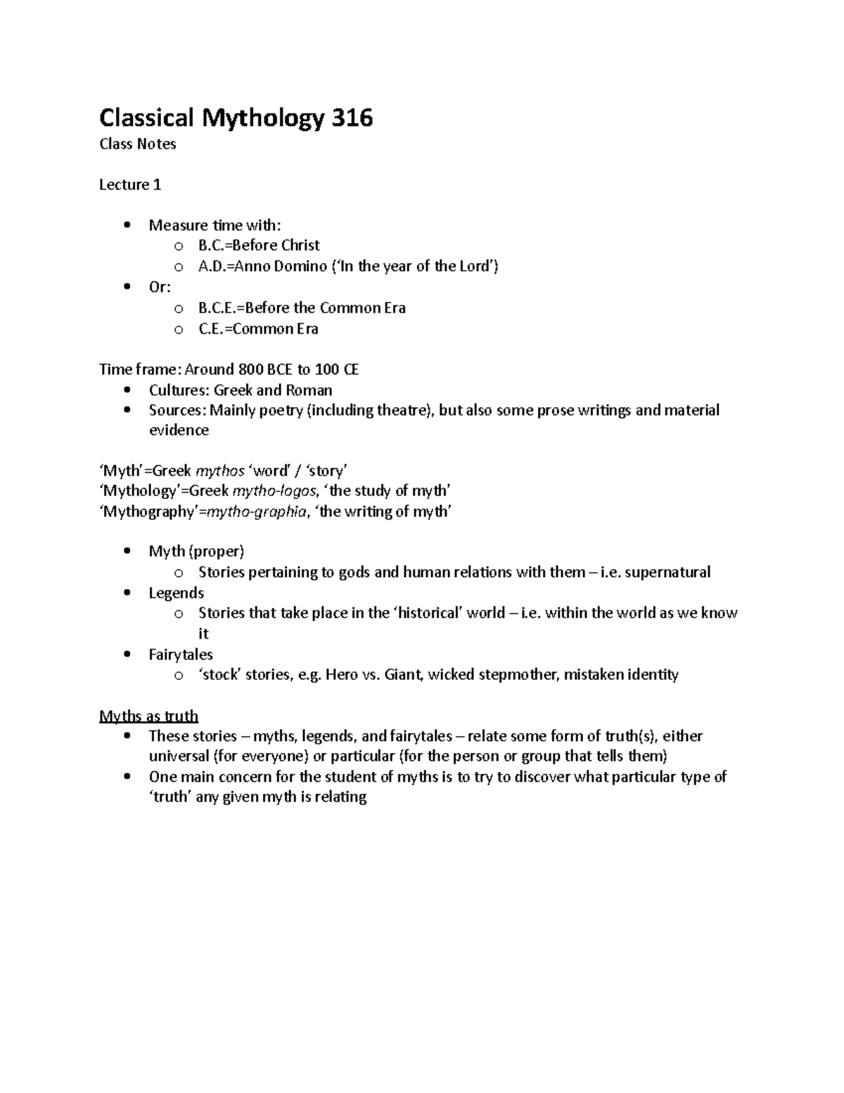 Class Notes - Classical Mythology 316 Class Notes Lecture 1 Measure ...