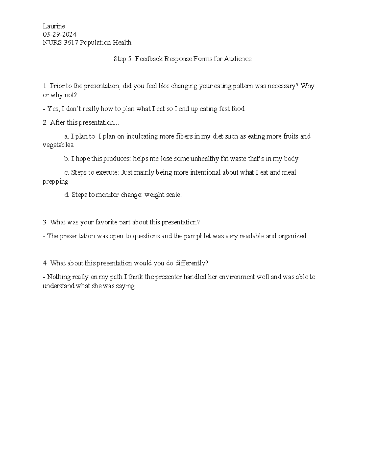 Feedback response form - Laurine 03-29- NURS 3617 Population Health ...