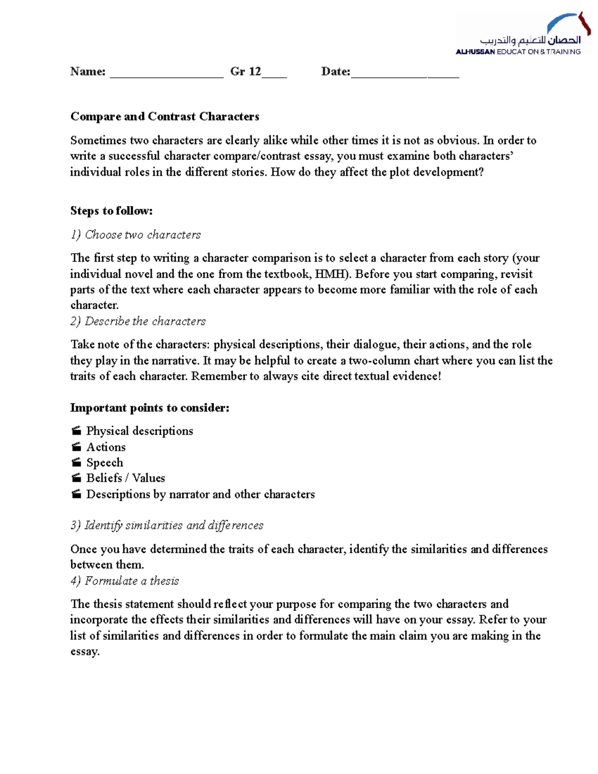 Comparing two Characters - Name: __________________ Gr 12____ Date ...