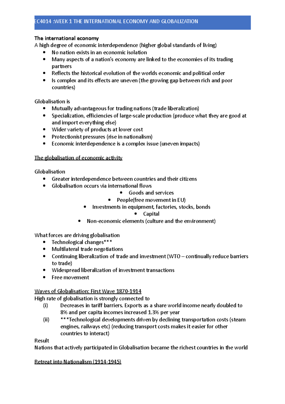 EC4014 week 1 - Week 1 lecture notes - The international economy A high ...