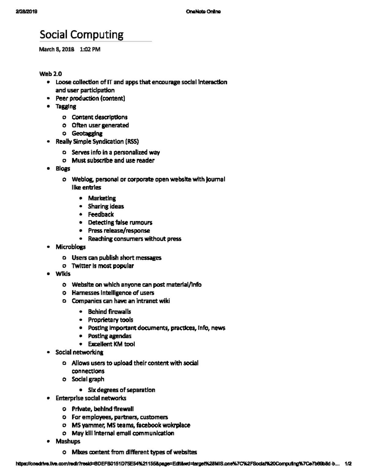 Social Computing - 2/28/2019 OneNote Online Social Computing March 8 ...